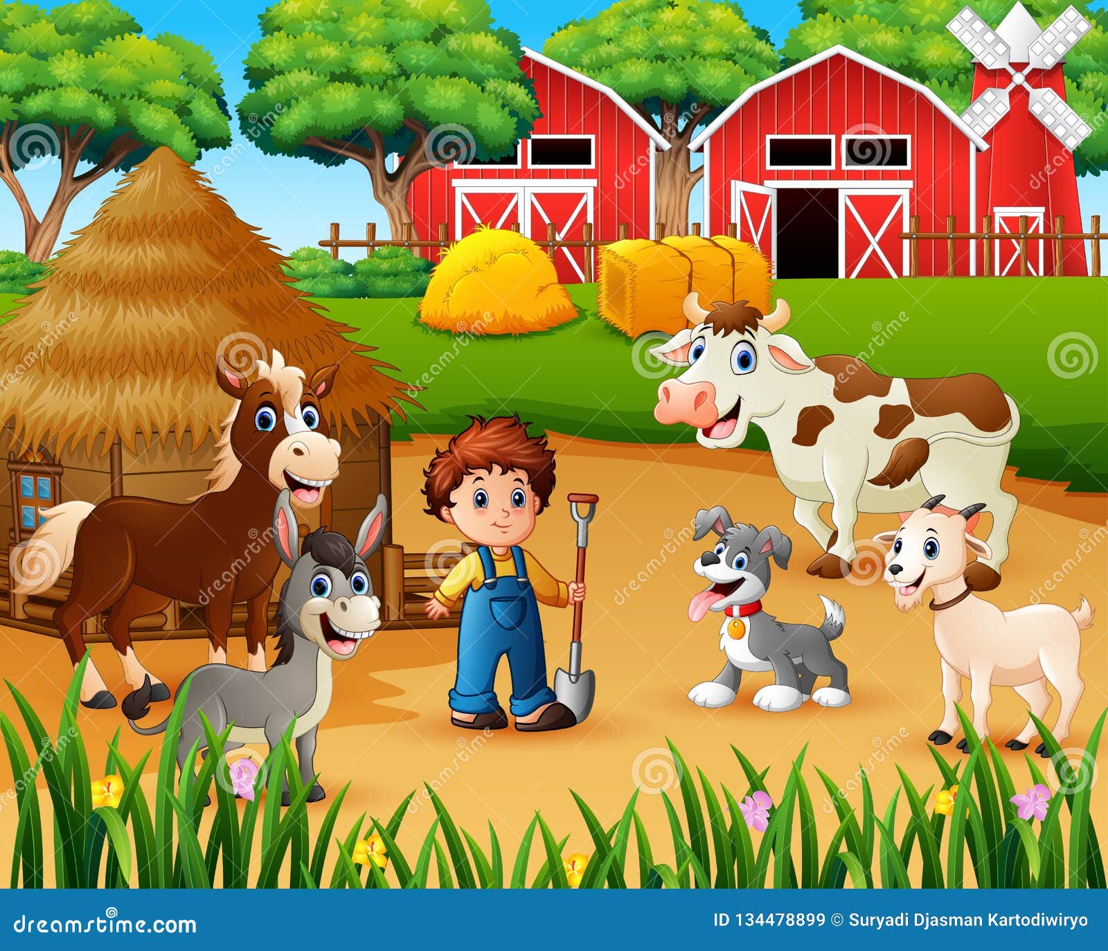 Farmer and Farm Animal in the Farmyard Stock Vector - Illustration of ...
