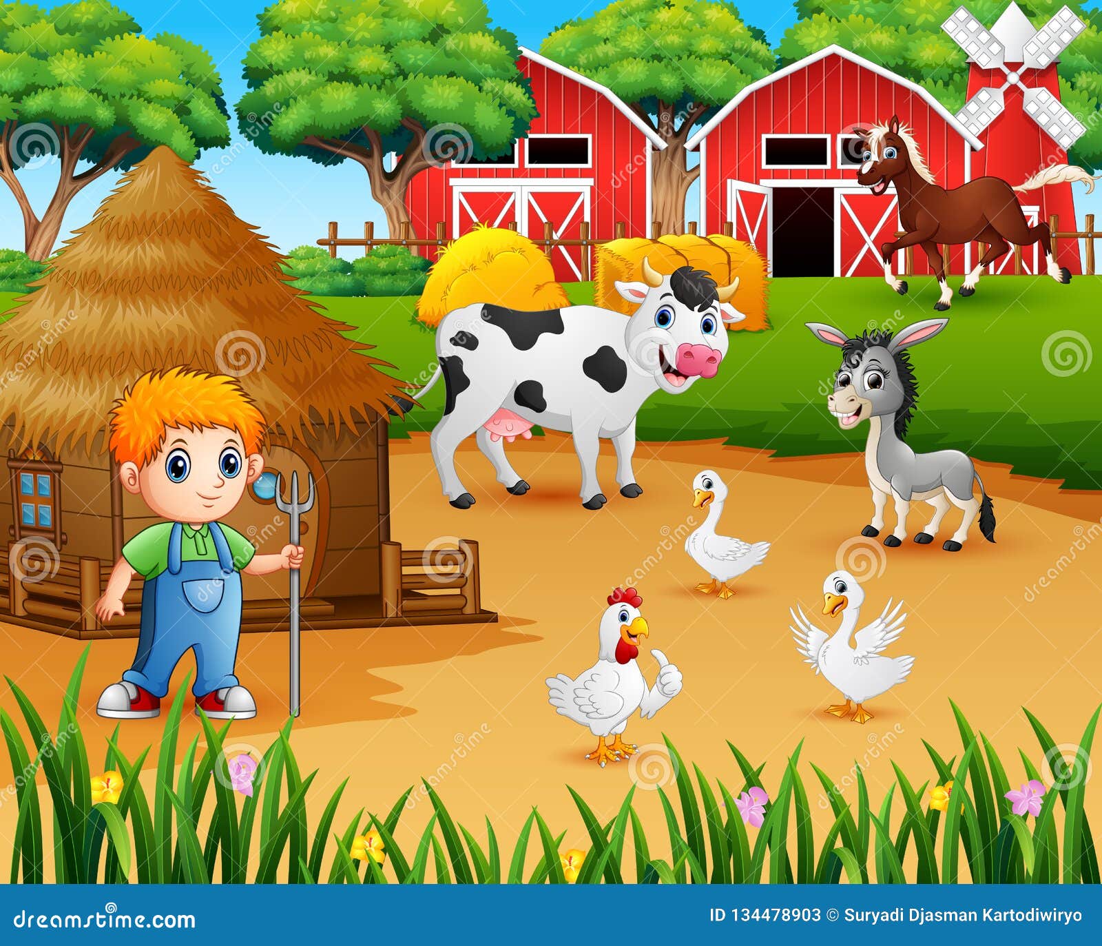 Farmer and Farm Animal in the Farmyard Stock Vector - Illustration of ...