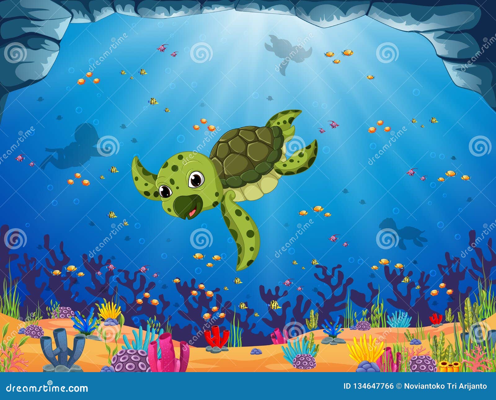 A Young Green Turtle is Swimming Under the Blue Sea View Stock Vector ...