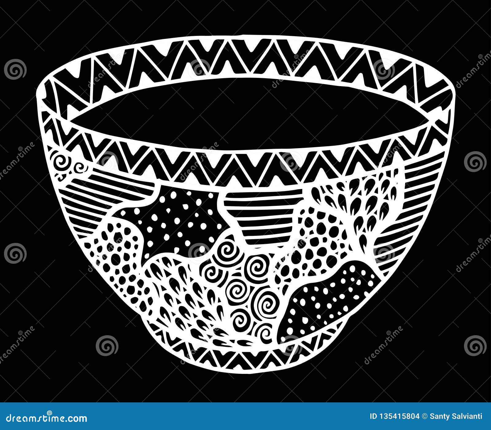 Black and White Vector Hand Drawn Doodle Bowl Illustration with ...