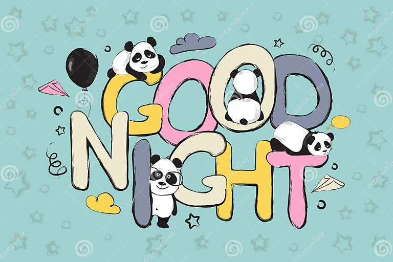 Good Night Greeting Card Design with Cute Panda Bears and Quote Stock ...