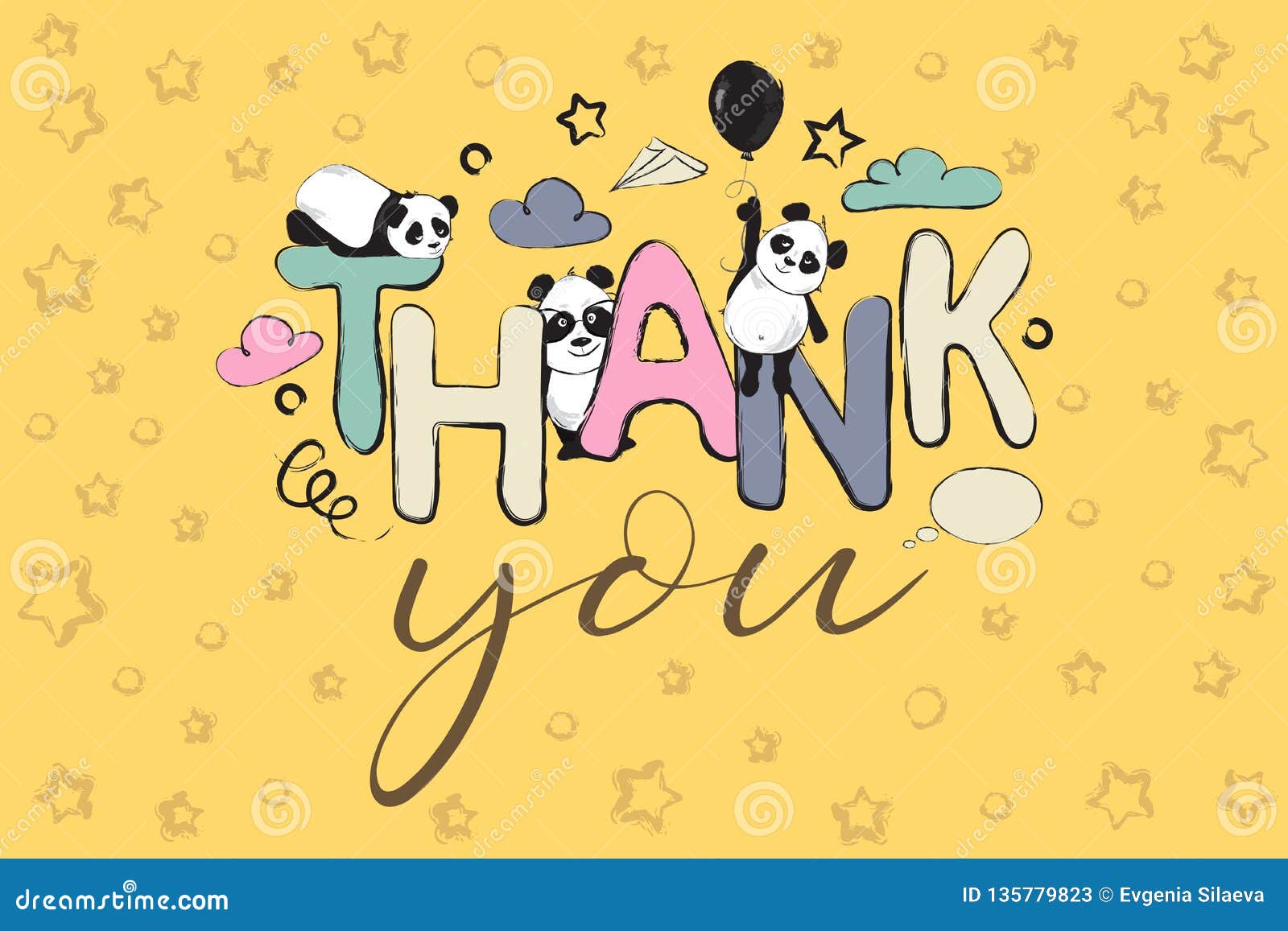 Thank You Greeting Card Design with Cute Panda Bears and Quote Stock ...