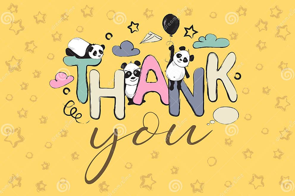 Thank You Greeting Card Design with Cute Panda Bears and Quote Stock ...