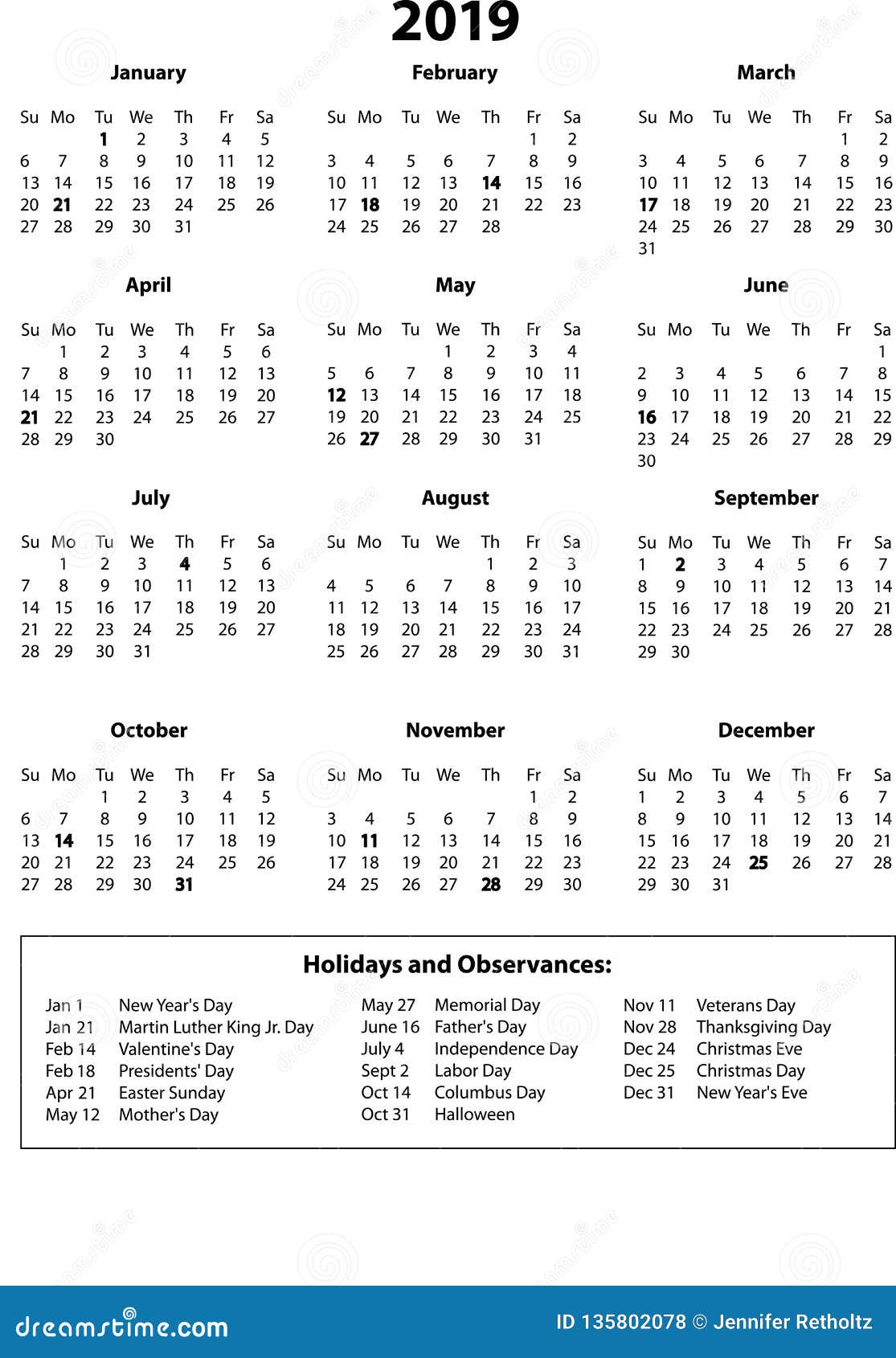 2019 Calendar Year on One Page Stock Illustration - Illustration of ...