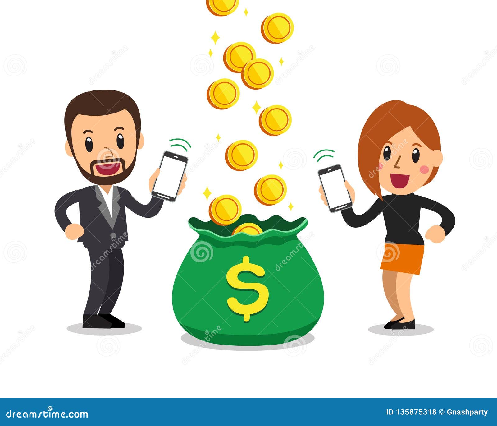 Cartoon Business Man and Woman Earning Money with Smartphone Stock ...