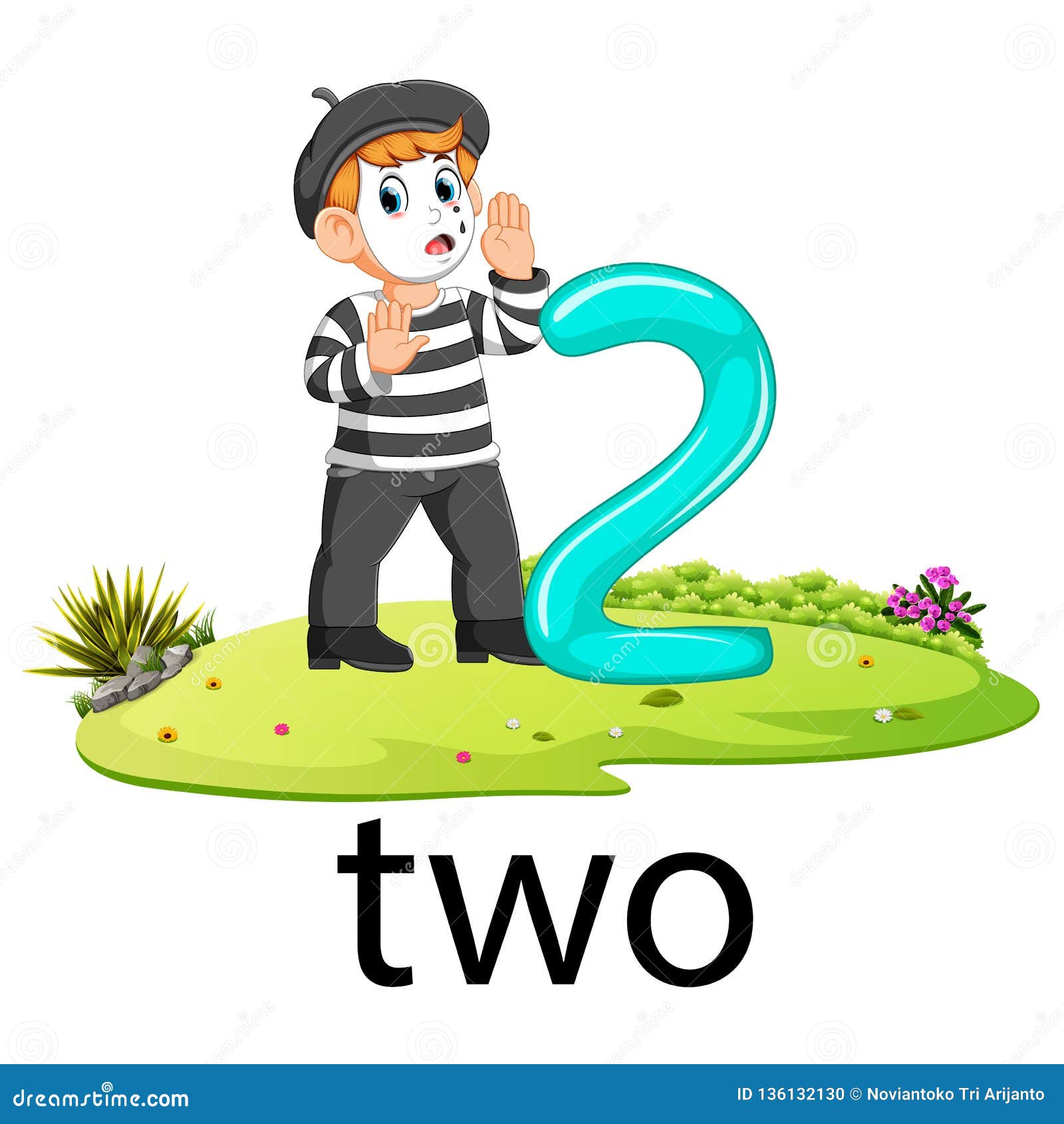 Little Pantomime Boy Holding The 0 Balloon Number And Text On The Grass ...