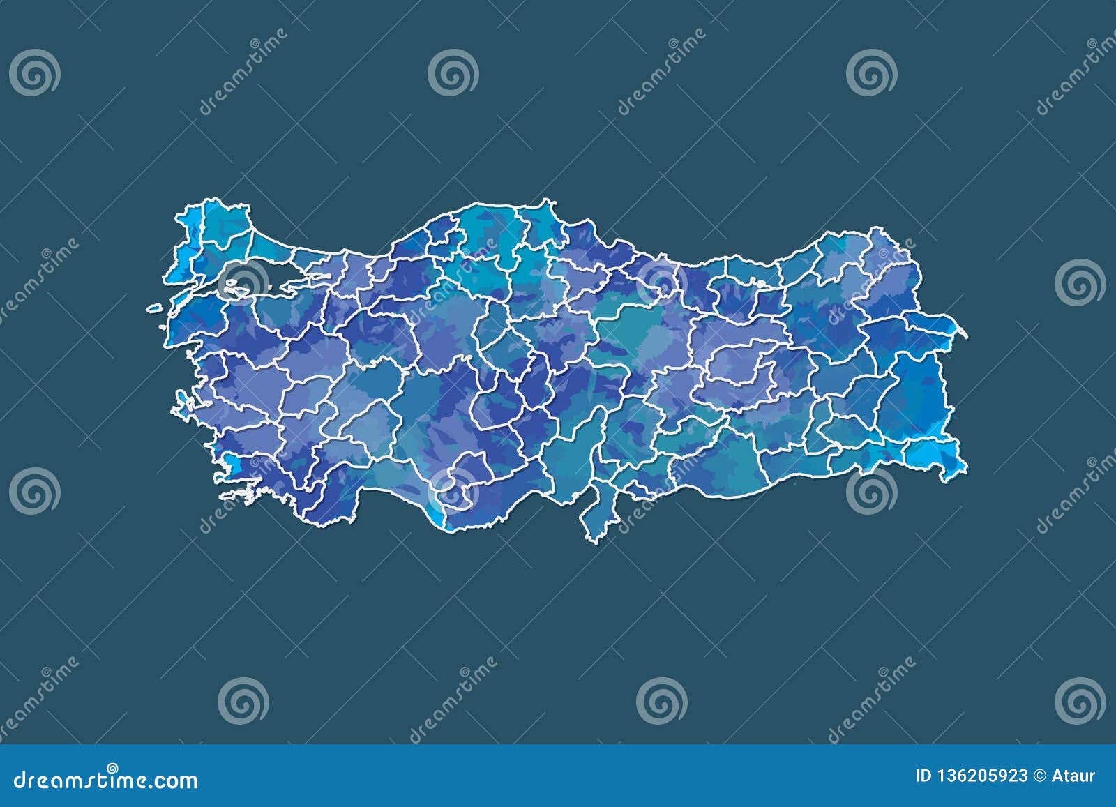 Turkey Watercolor Map Vector Illustration in Blue Color with Border ...