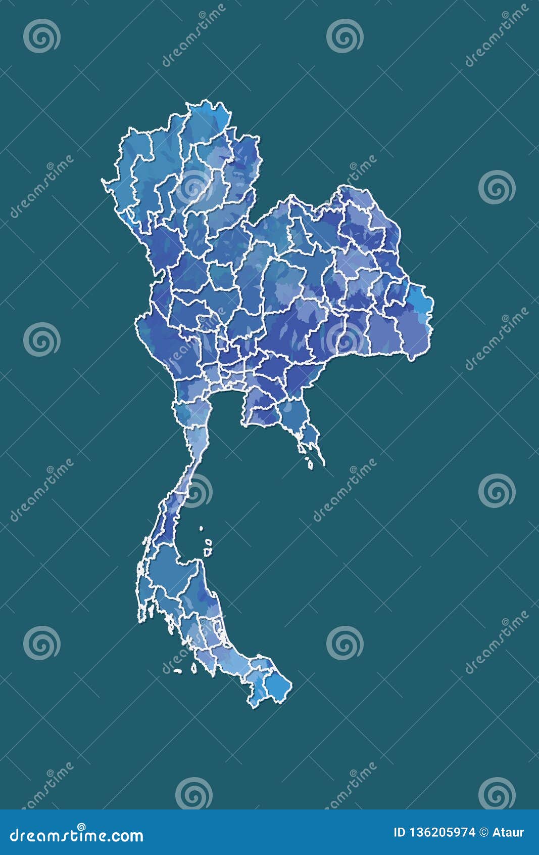 Thailand Watercolor Map Vector Illustration in Blue Color with Border ...