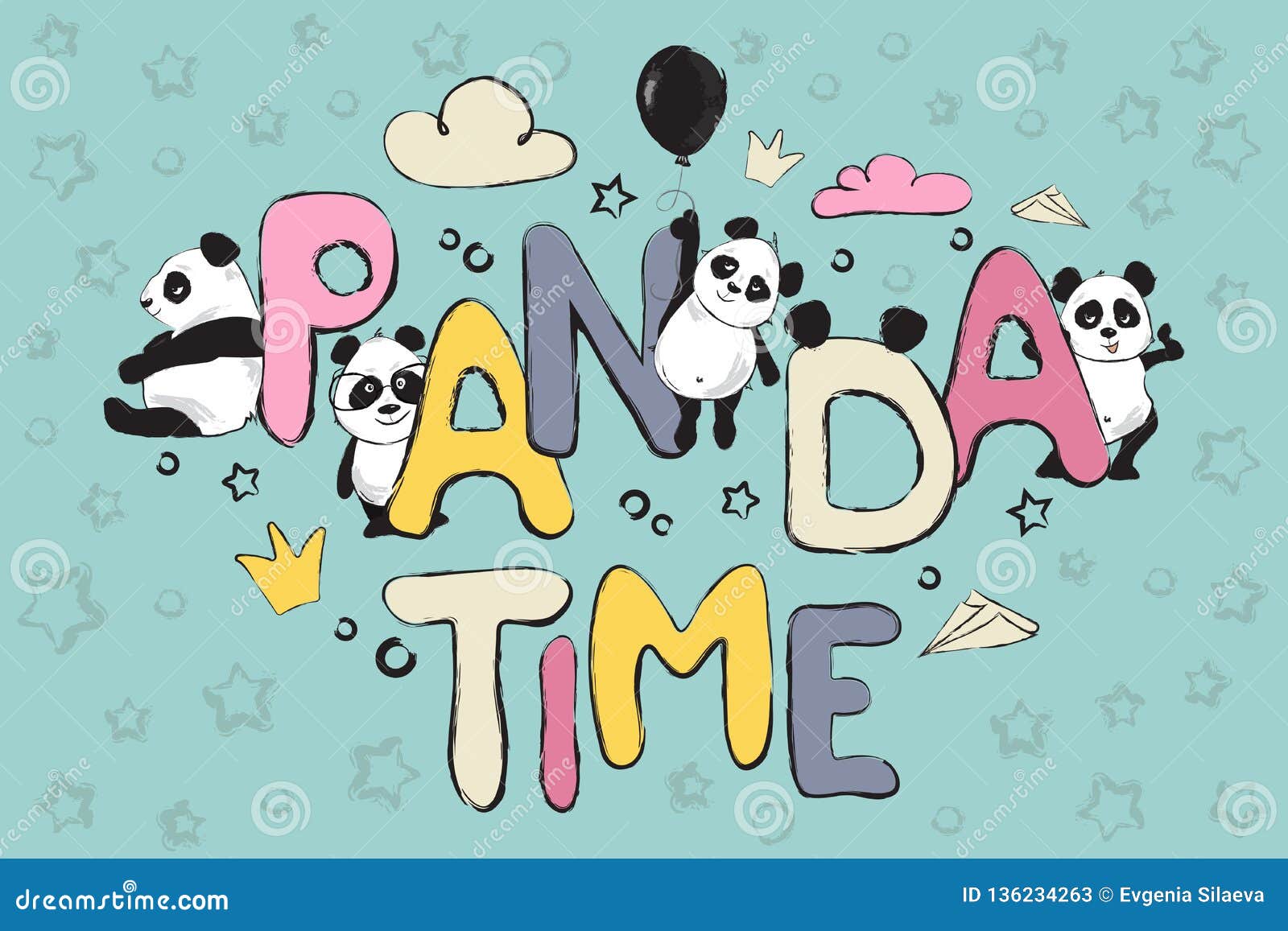 Panda Time Greeting Card Design with Cute Panda Bear and Quote Stock ...