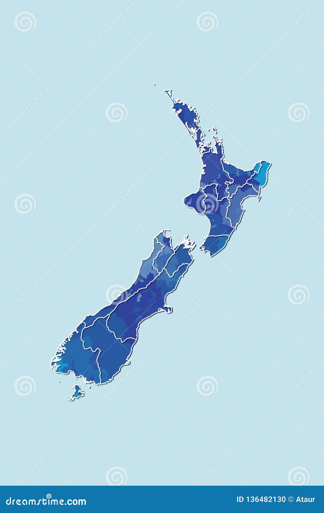 New Zealand Watercolor Map Vector Illustration of Blue Color with ...