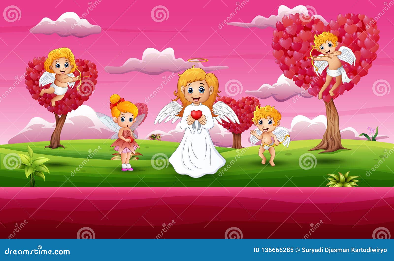 Cupid Family Cartoons in a Pink Garden Stock Vector - Illustration of ...