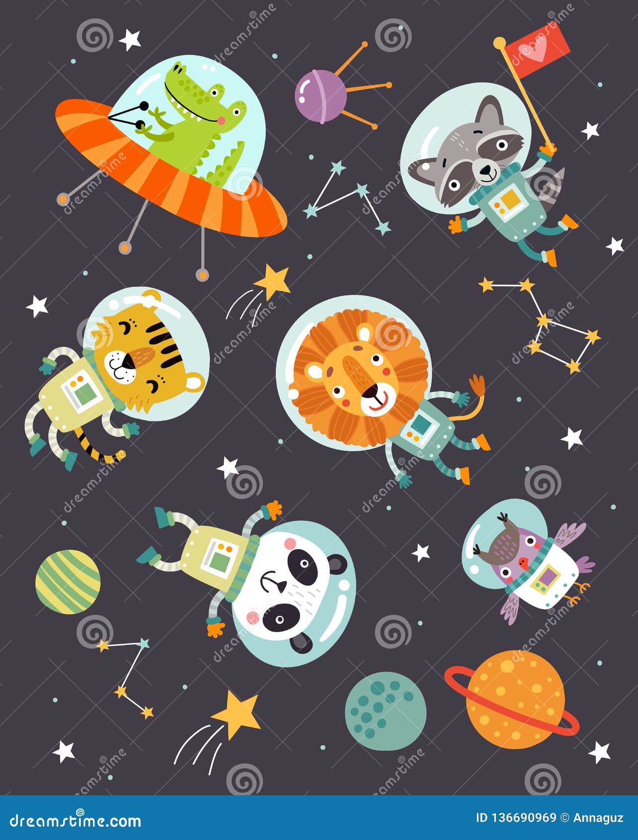 Cute animals in space stock vector. Illustration of lion - 136690969