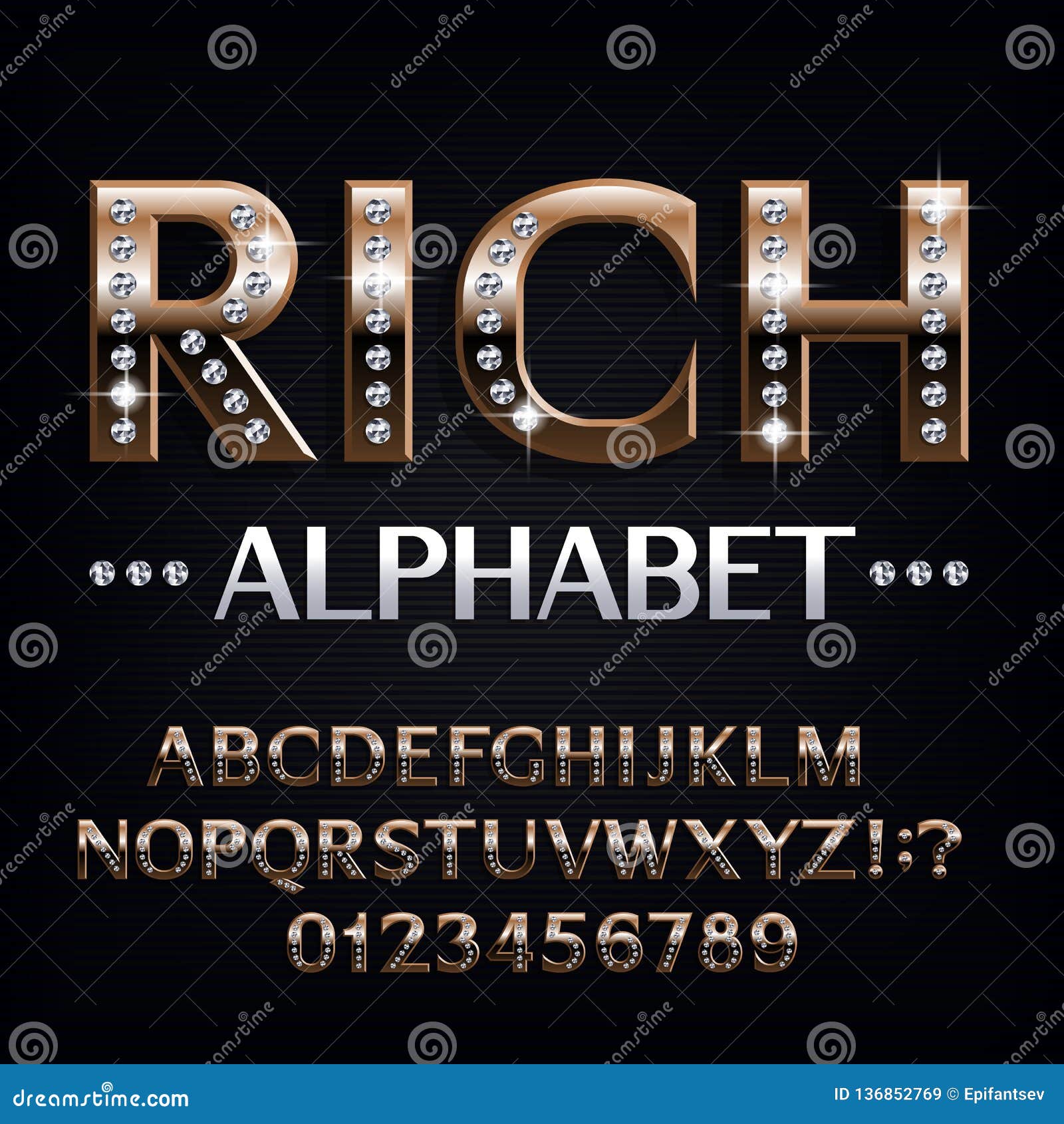 Rich Alphabet Font. Ornate Golden Letters and Numbers with Diamond ...