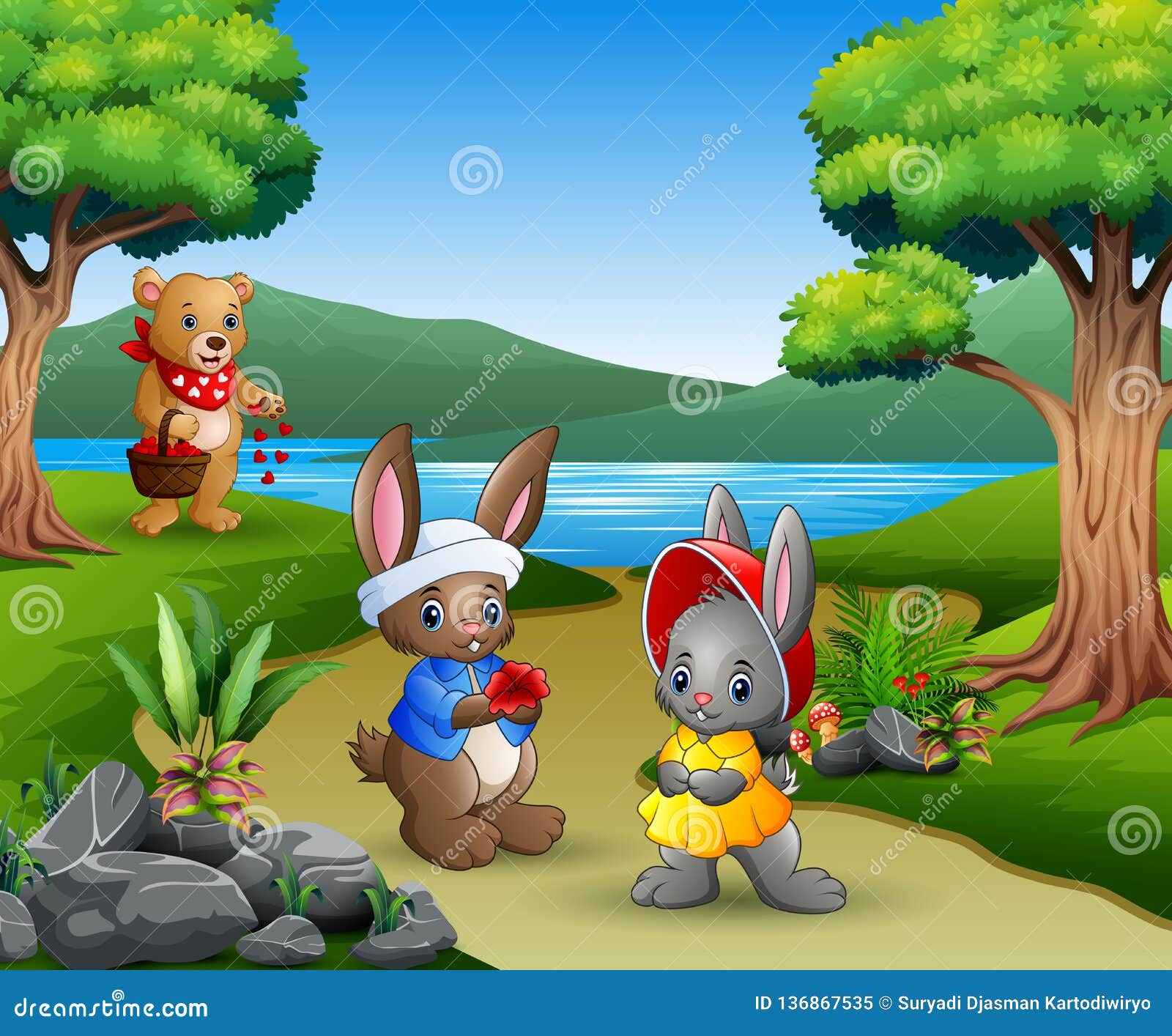 Cartoon Couple Rabbits with Mother Bears in the Park Stock Vector ...