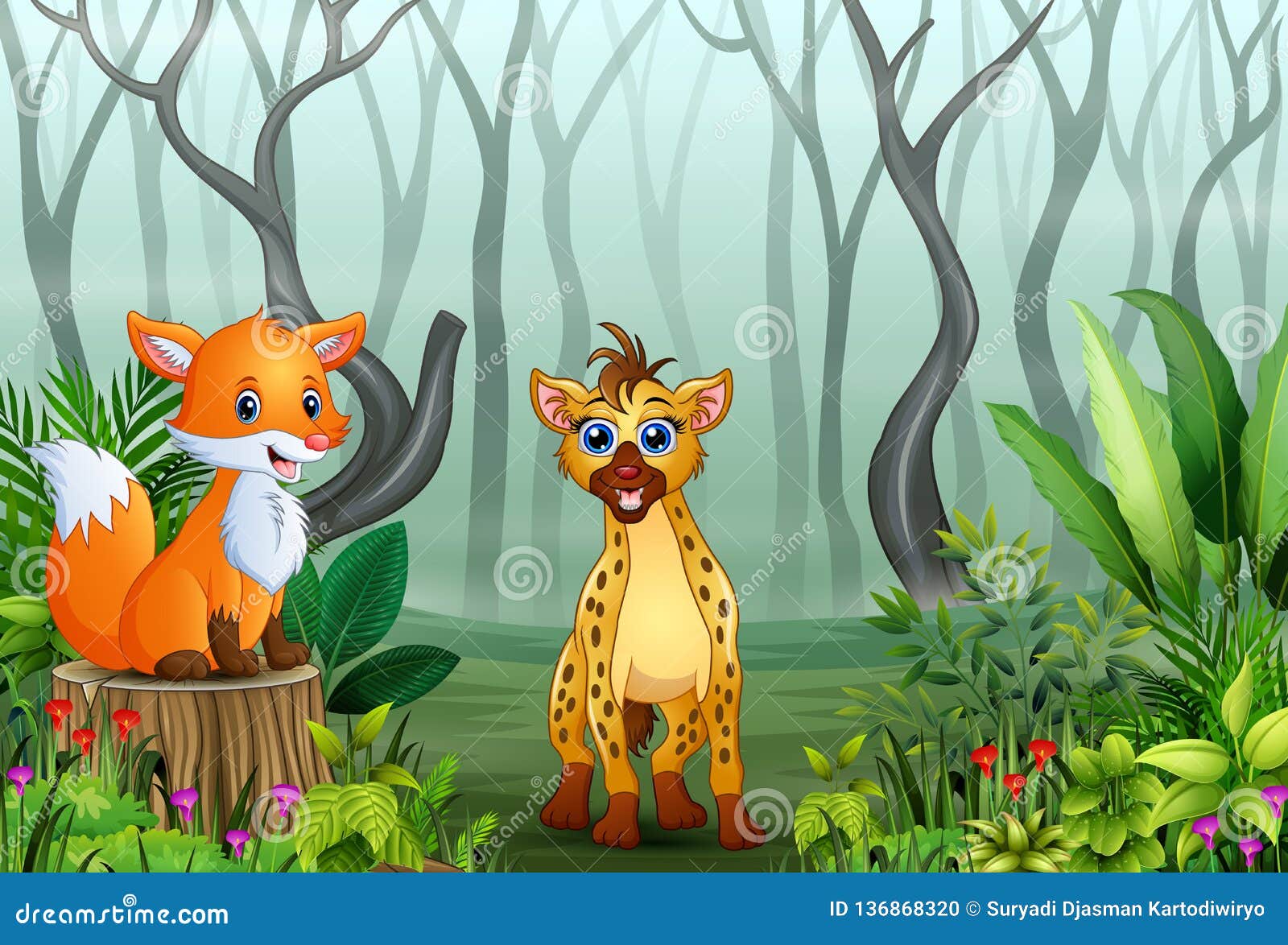 Animals Cartoon in a Foggy Forest with Views of Dry Tree Branches Stock ...