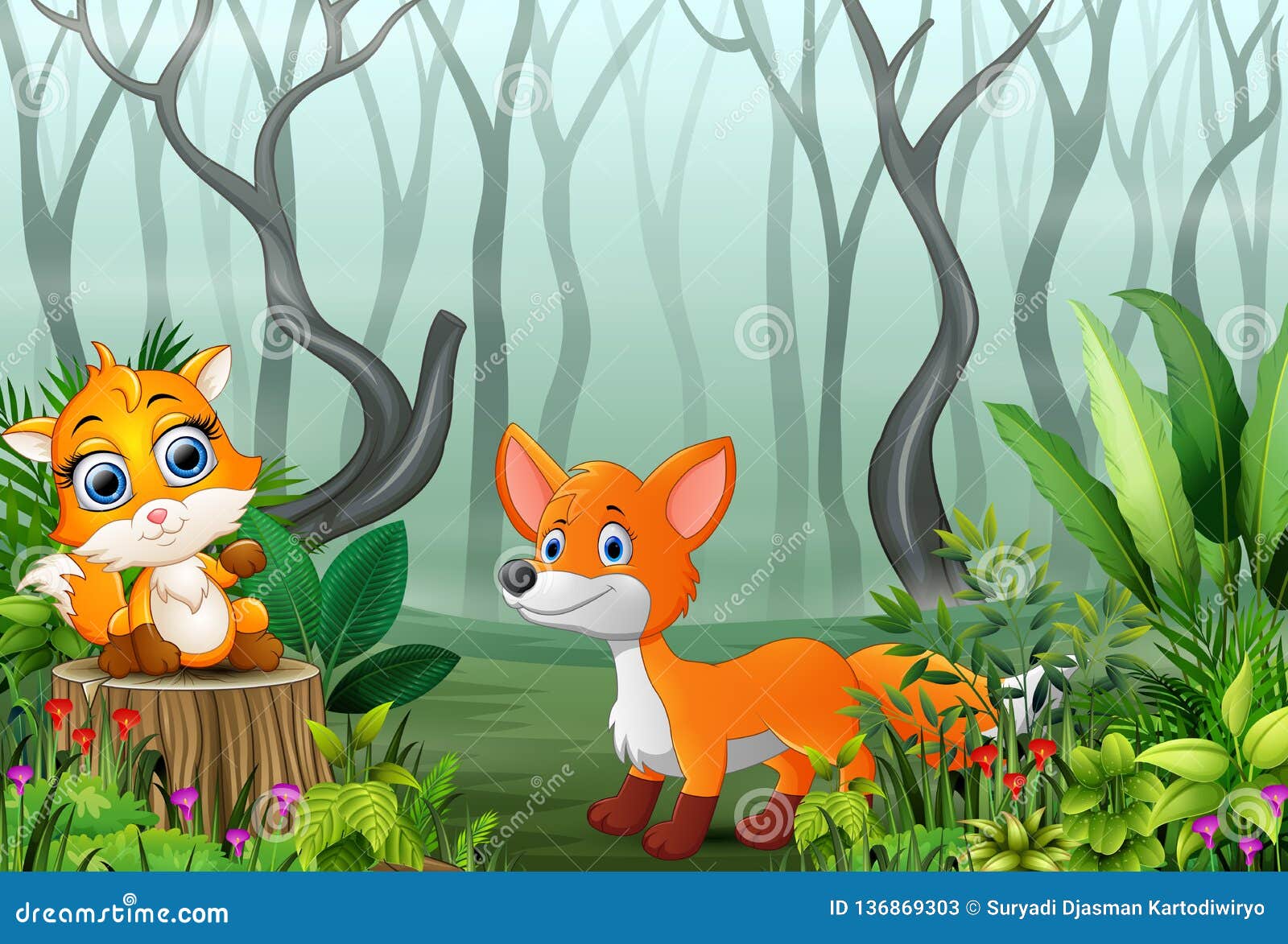 Cartoon Two Foxes Playing in the Foggy Forest Stock Vector ...
