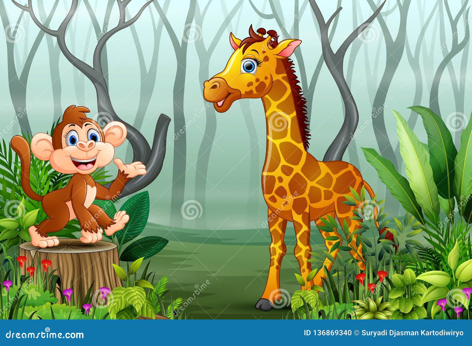 Animals Cartoon in a Foggy Forest with Views of Dry Tree Branches Stock ...