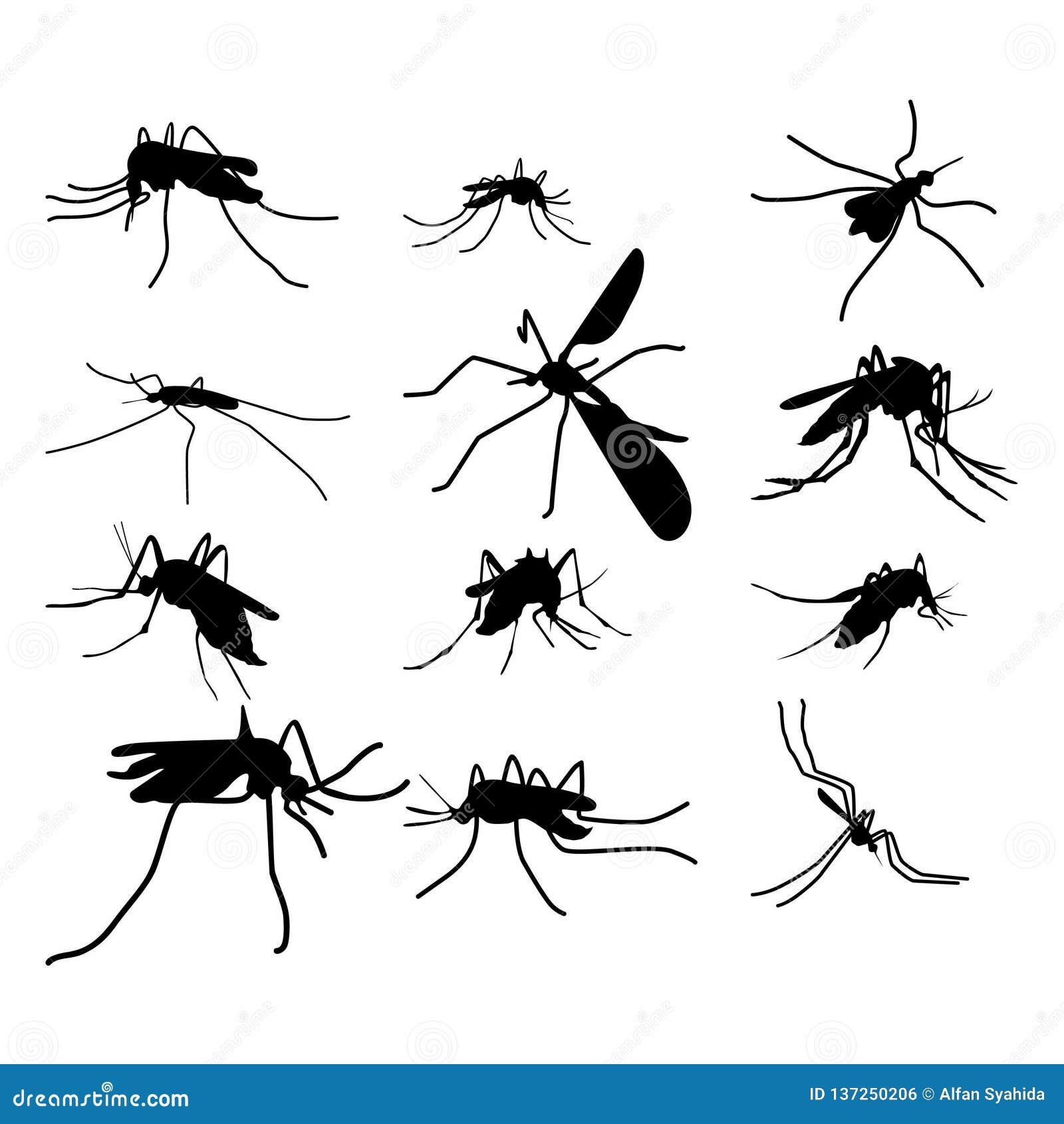 Set of Mosquito Silhouette Vector Illustration, Close Up Mosquito ...