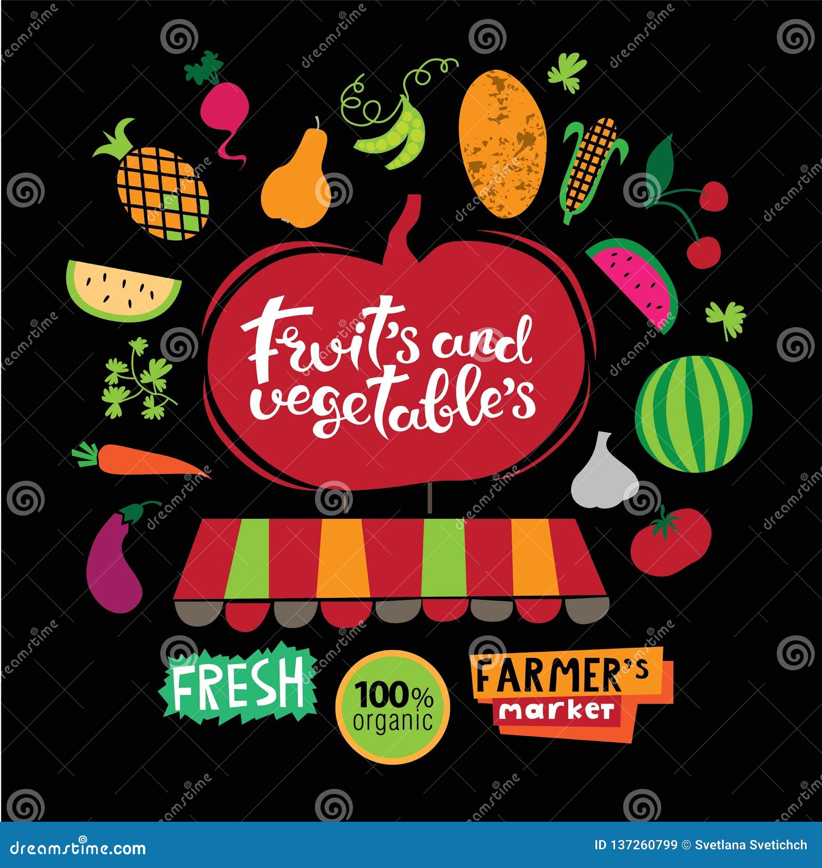 Farm Market Set. Lettering, Flat Vector Illustration Stock Vector ...