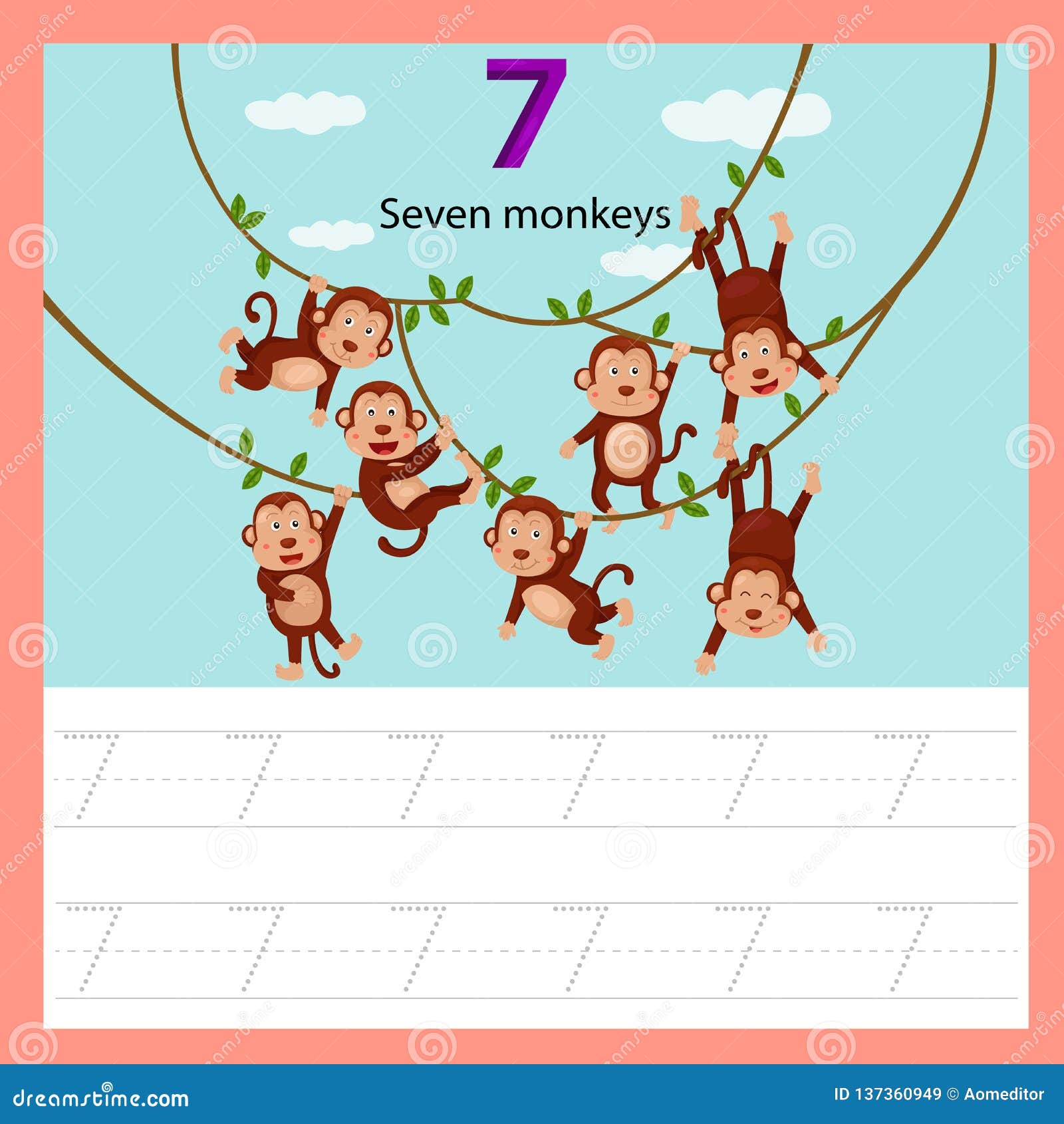 Illustrator of Worksheet Seven Monkey Stock Vector - Illustration of ...