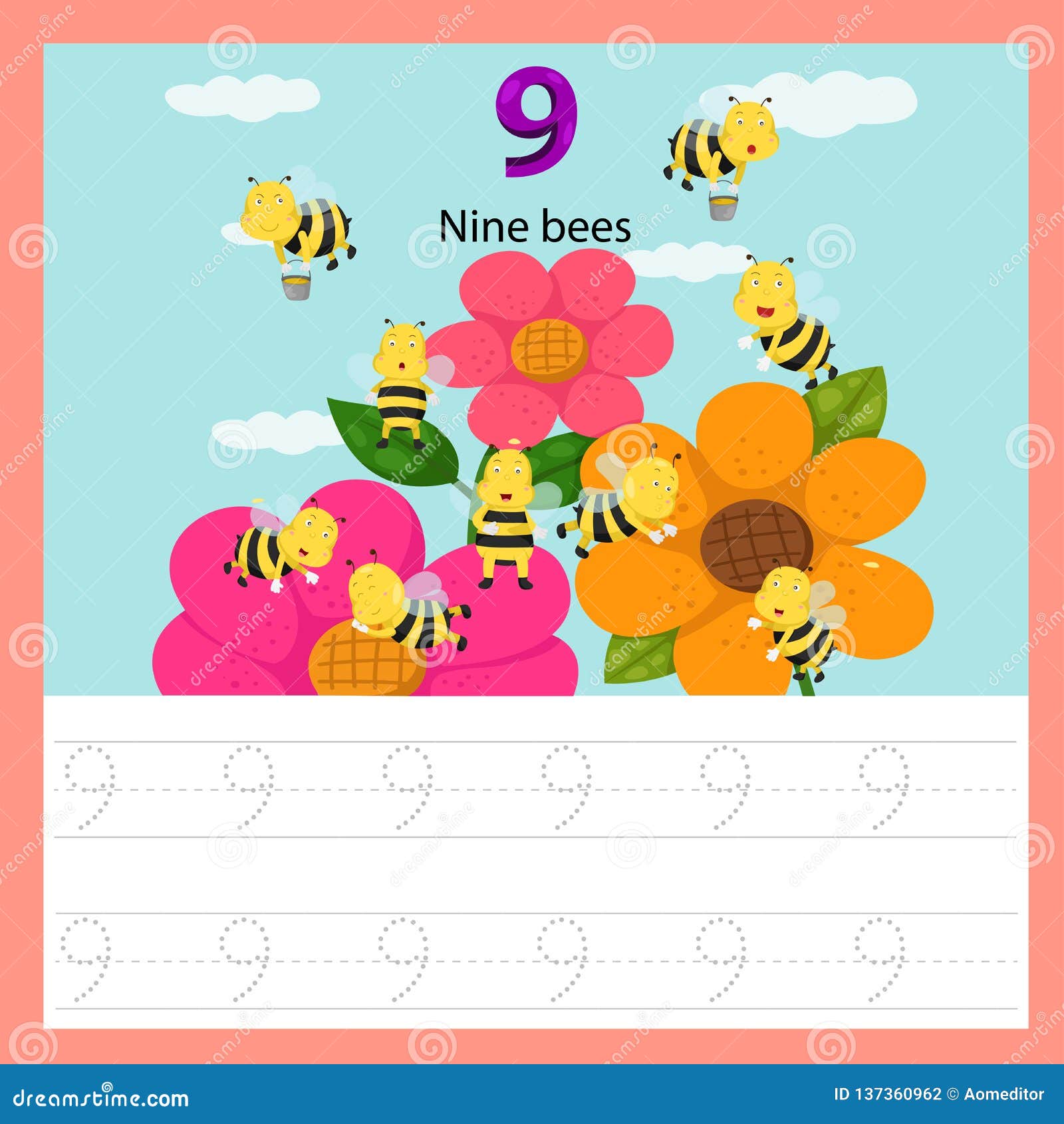 Illustrator Of Worksheet Nine Bees Vector Illustration | CartoonDealer ...