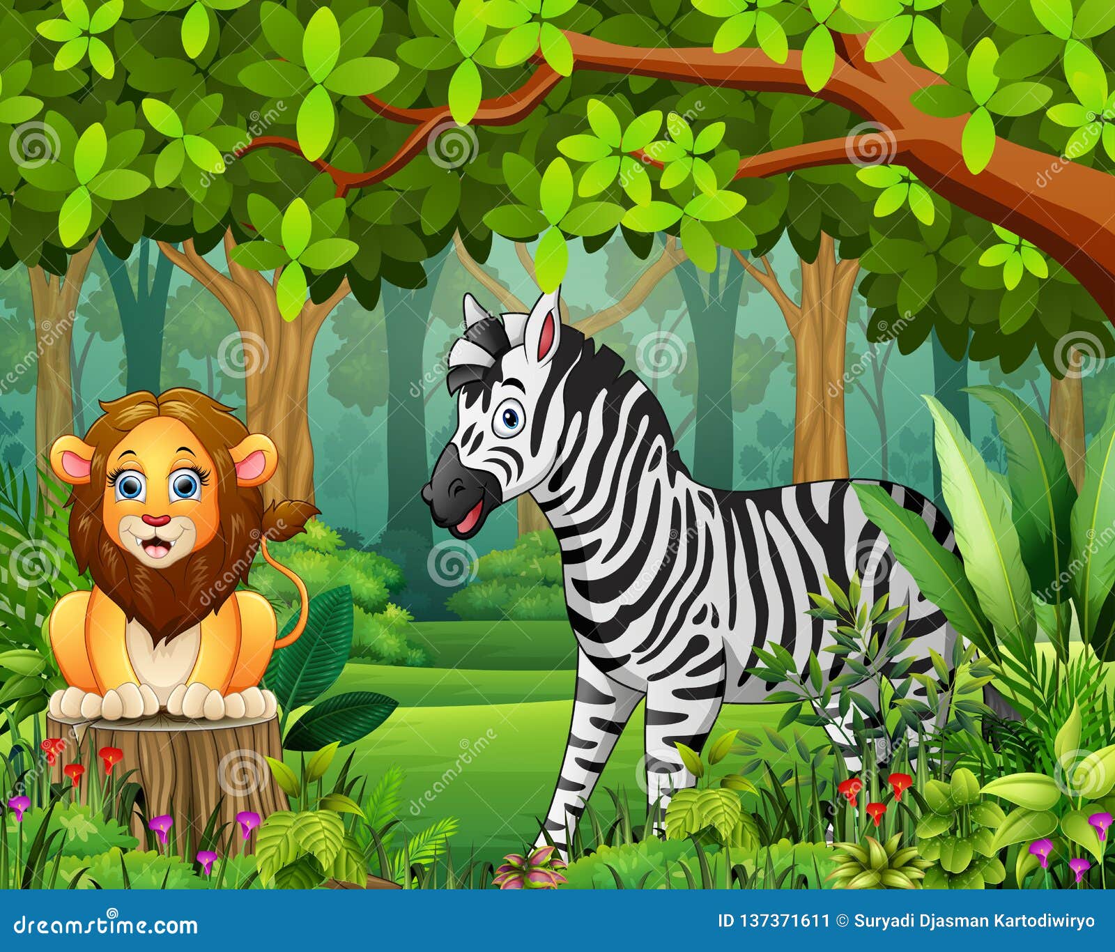 Landscape Forest Cartoon of Green in Spring with Animals Stock Vector ...