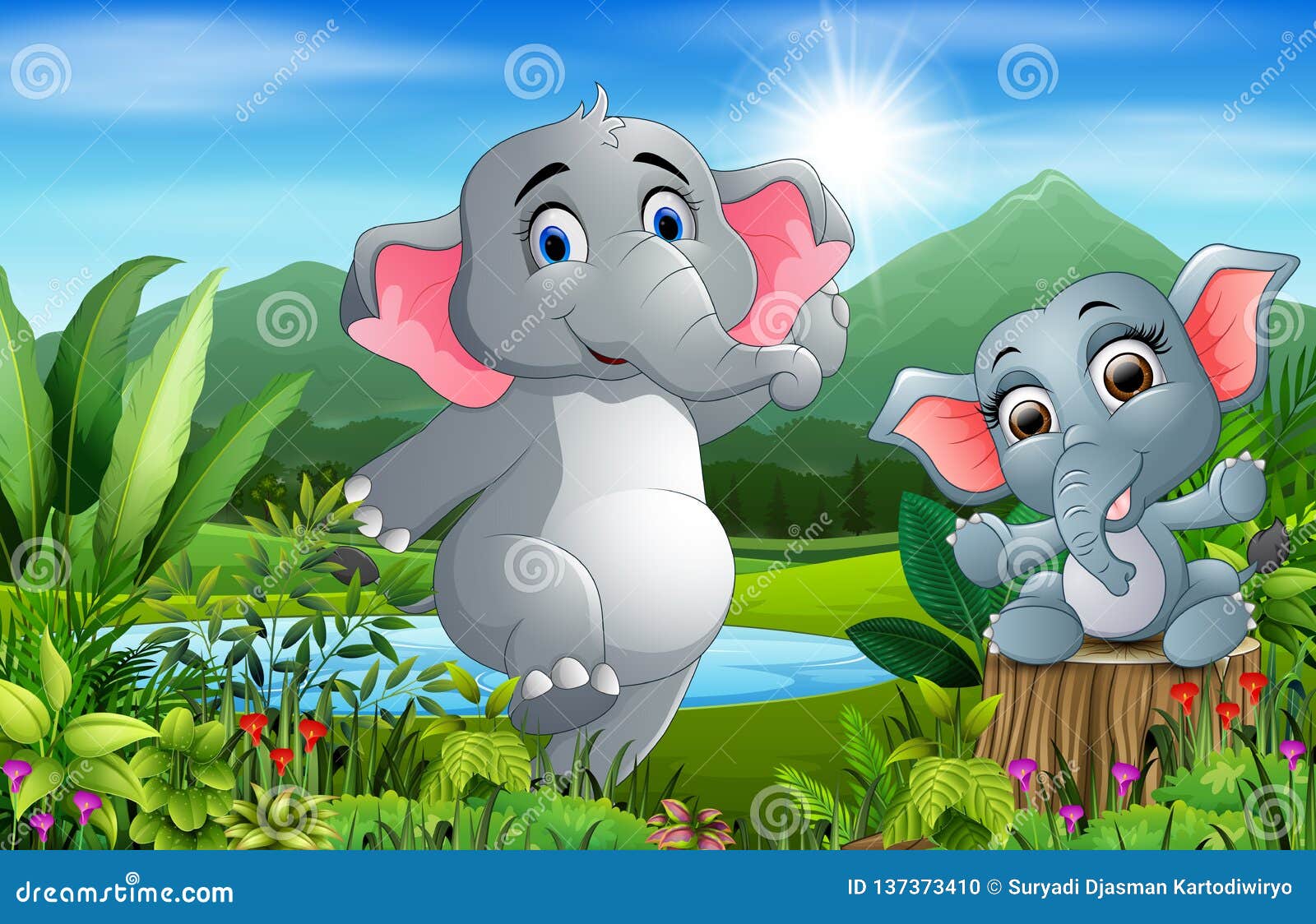 Cartoon Baby and Mother Elephant in a Beautiful Nature Stock Vector ...