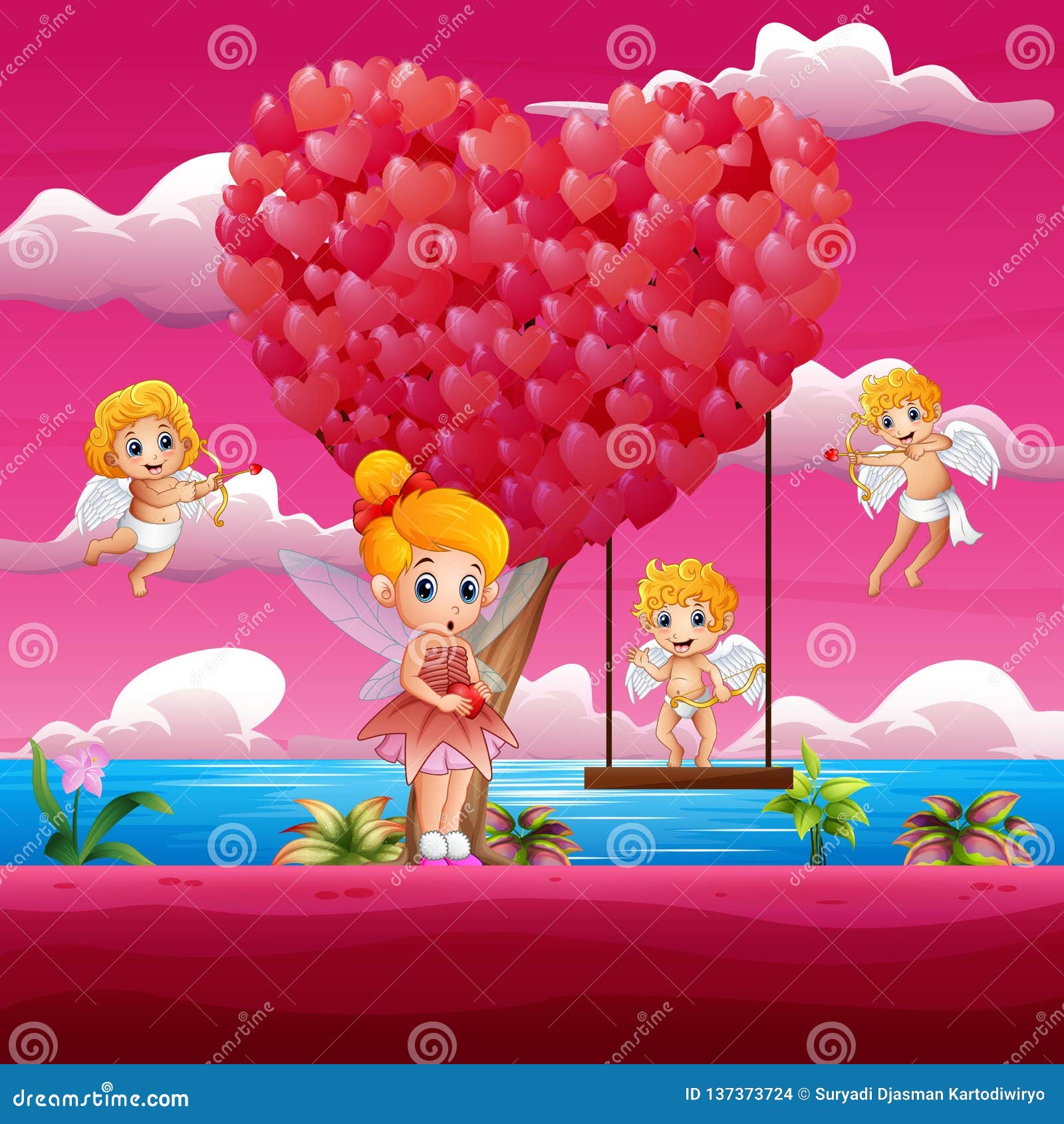 Cartoon a Cupid and Little Fairy in a Romantic Garden Stock Vector ...