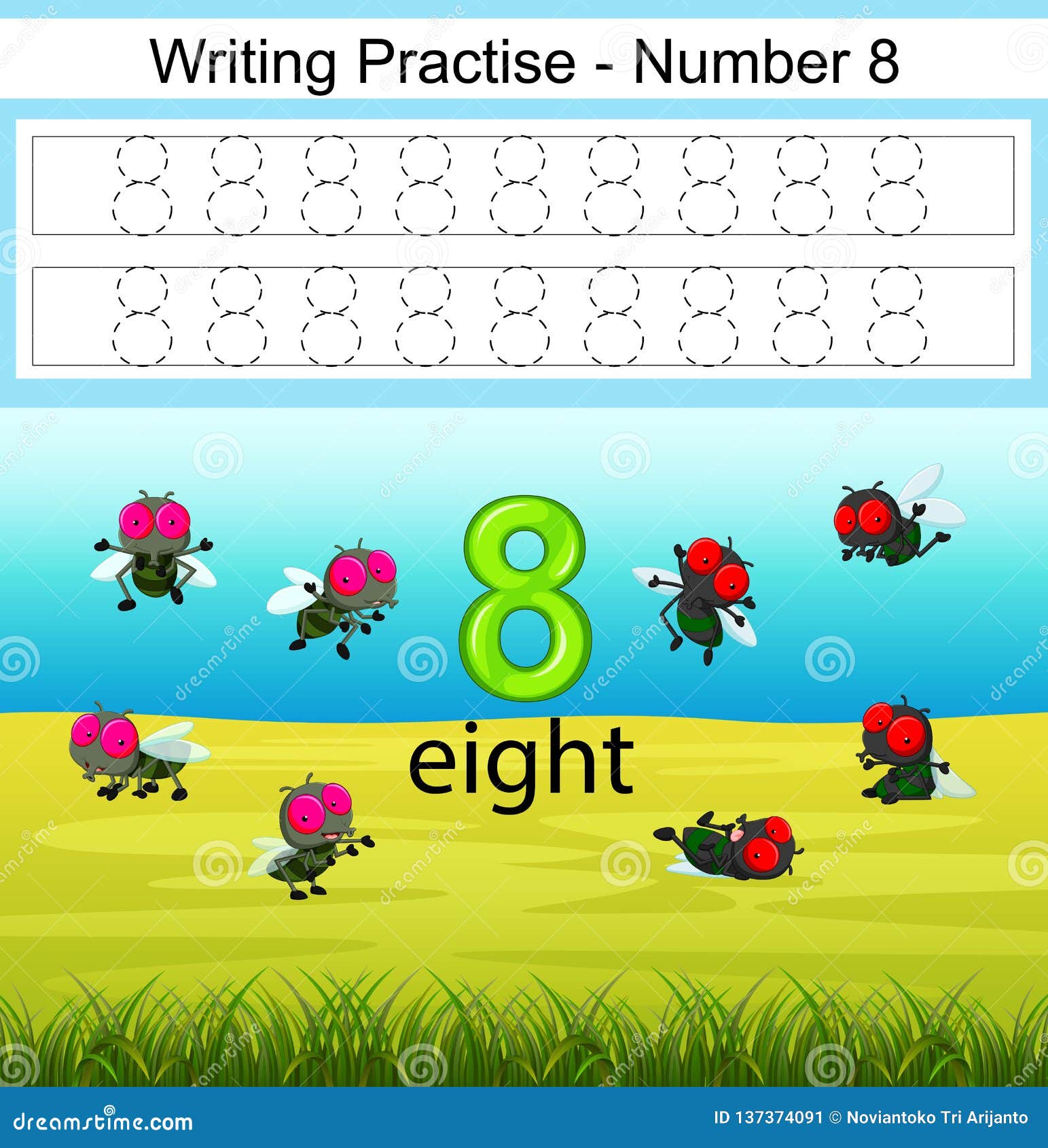 The Writing Practices Number 8 with Flies in the Park Stock Vector ...