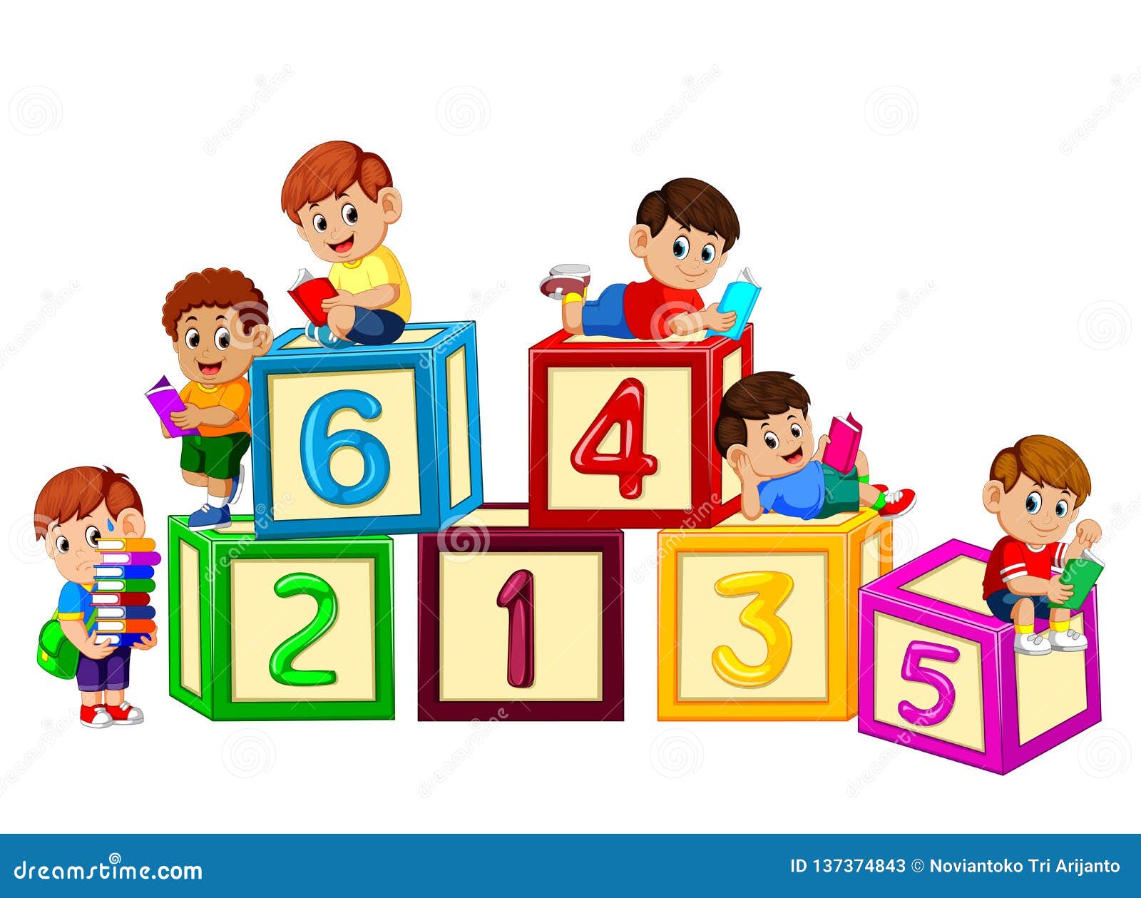 Kids Reading Book on the Number Block Stock Vector - Illustration of ...