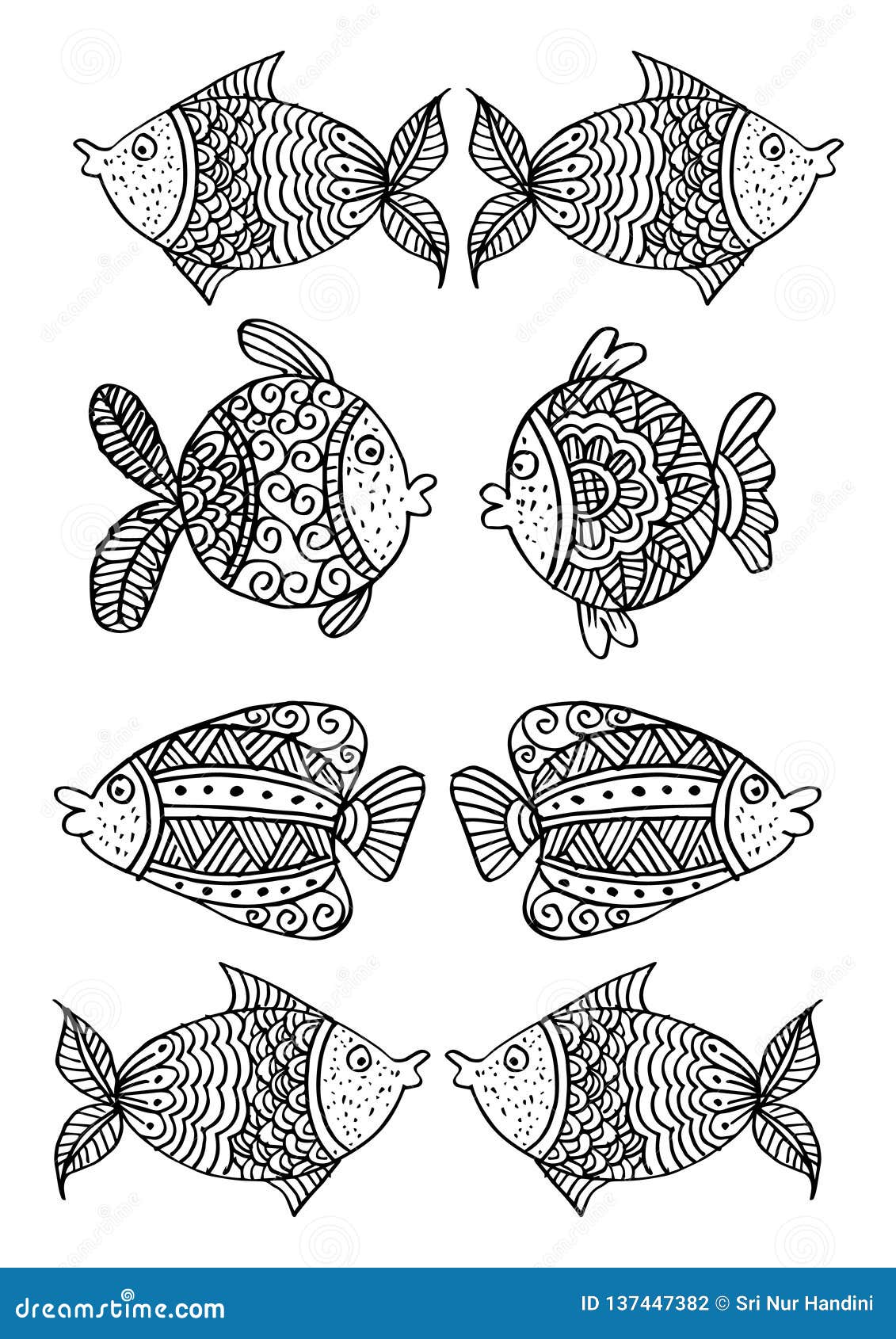 Decorative Fish Pattern with Hand Drawn Funny Fish. Stock Vector ...