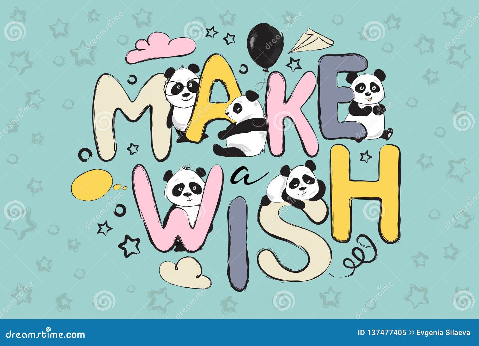 Make Wish Greeting Card Design with Cute Panda Bear and Quote Stock ...