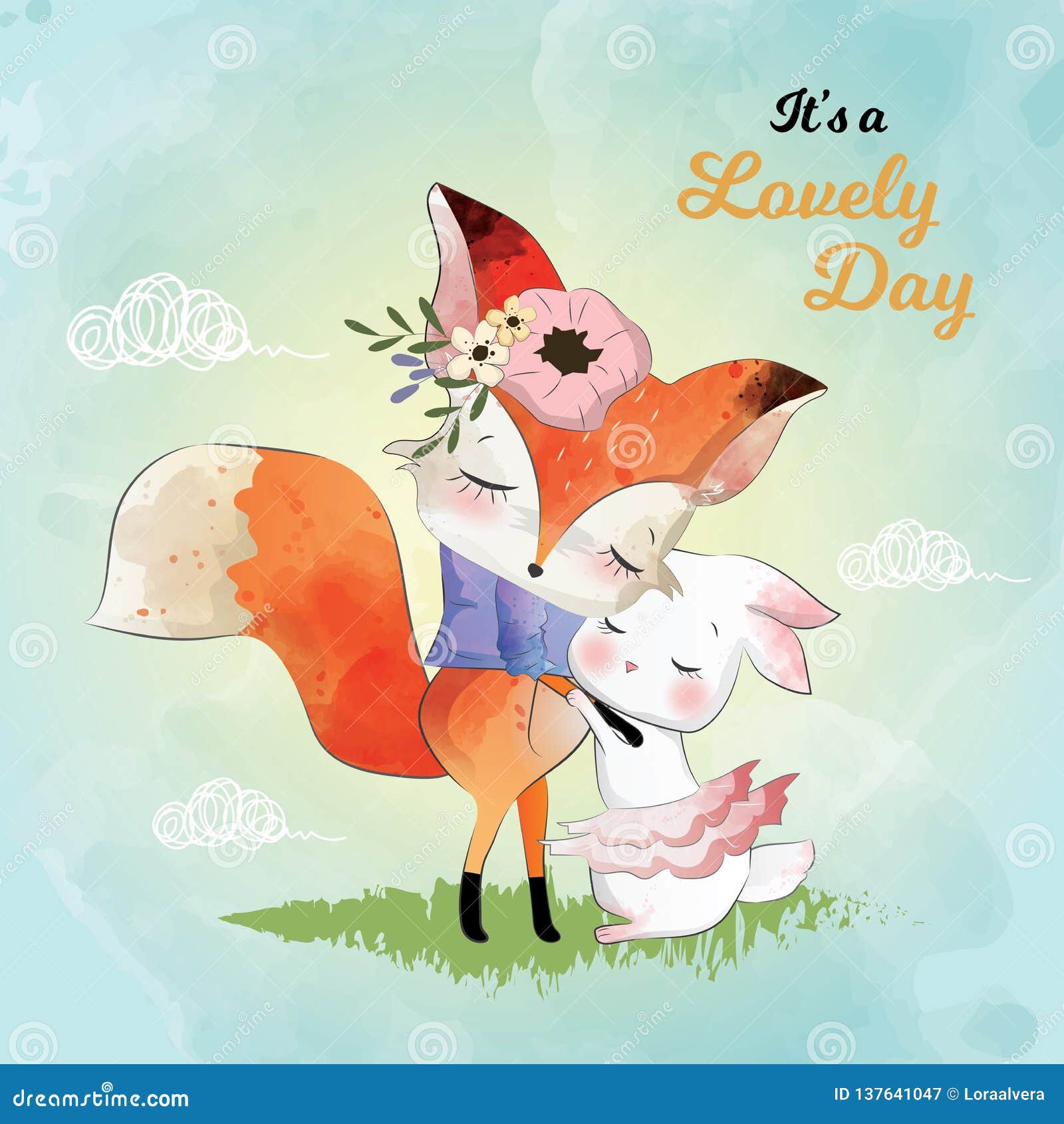 Fox and Bunny Friends stock vector. Illustration of watercolor - 137641047