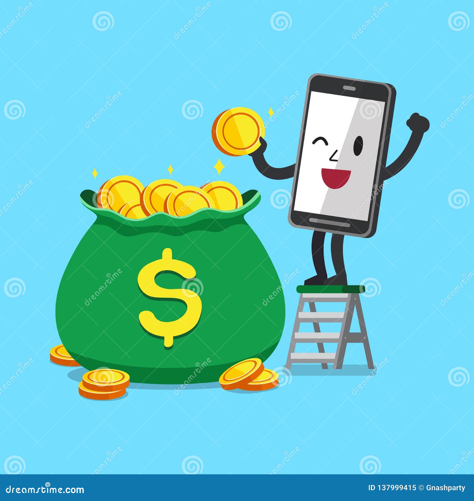 Vector Cartoon Character Smartphone with Big Money Bag Stock Vector ...