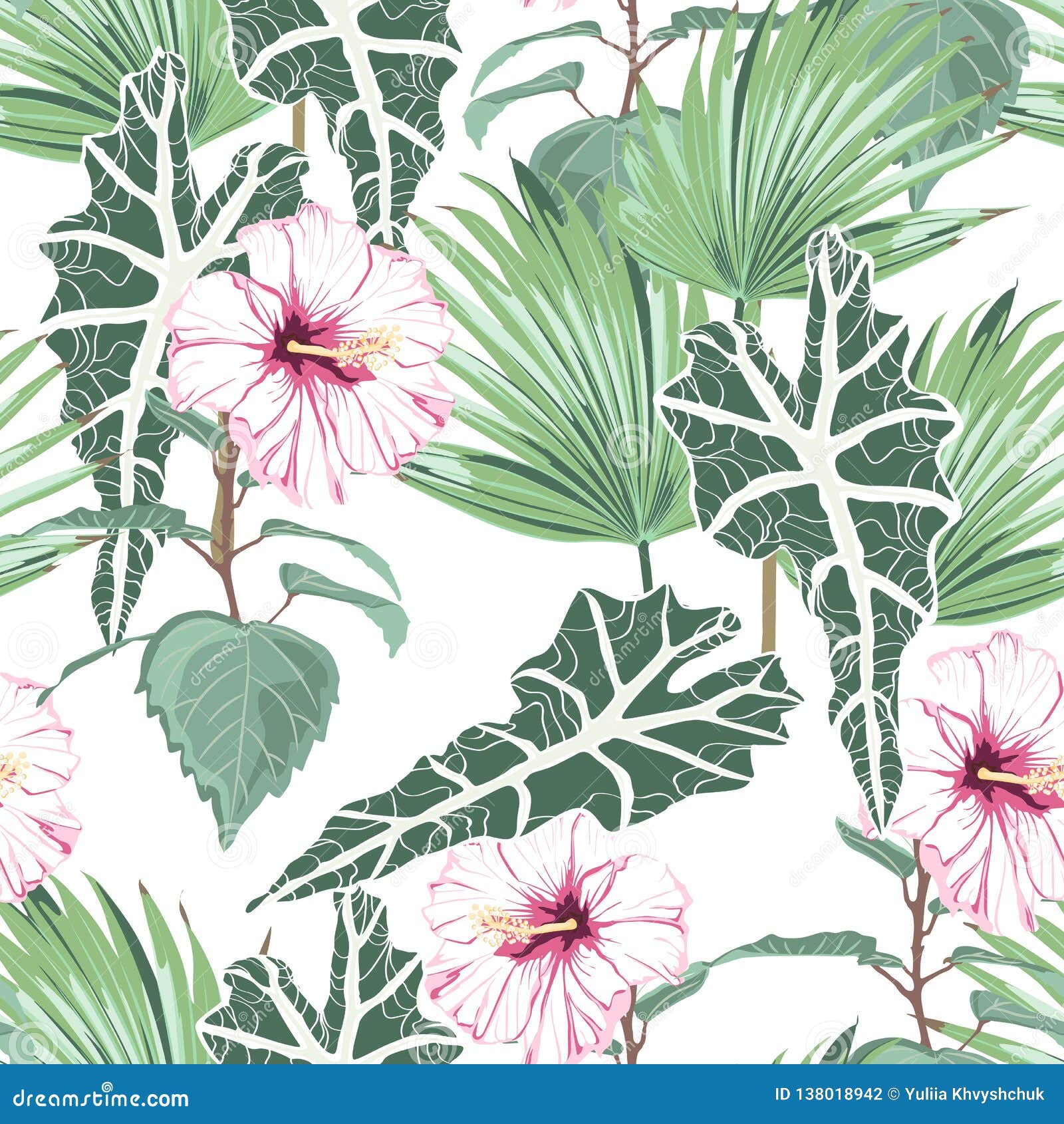 Seamless Pattern With Tropical Leaves And Paradise Pink Hibiscus