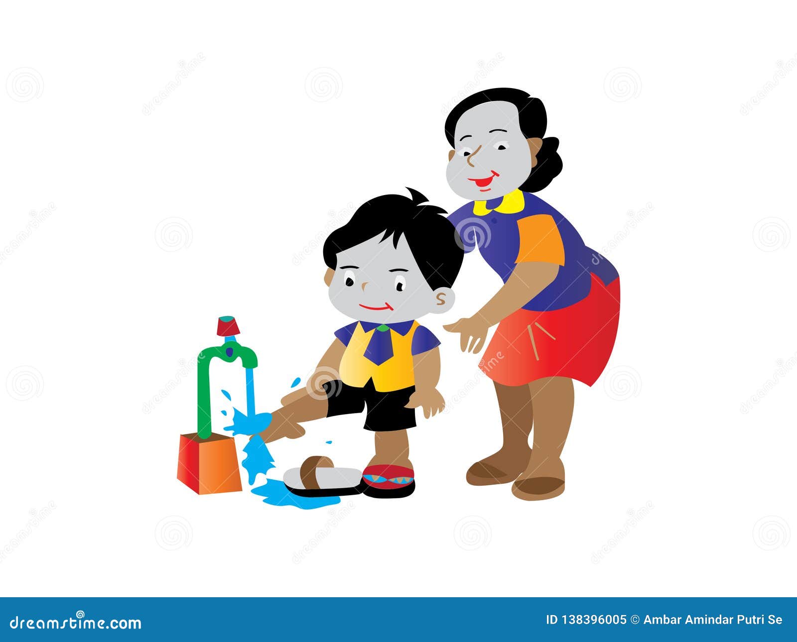 A Mother Teaches Children To Wash Their Feet Stock Illustration ...