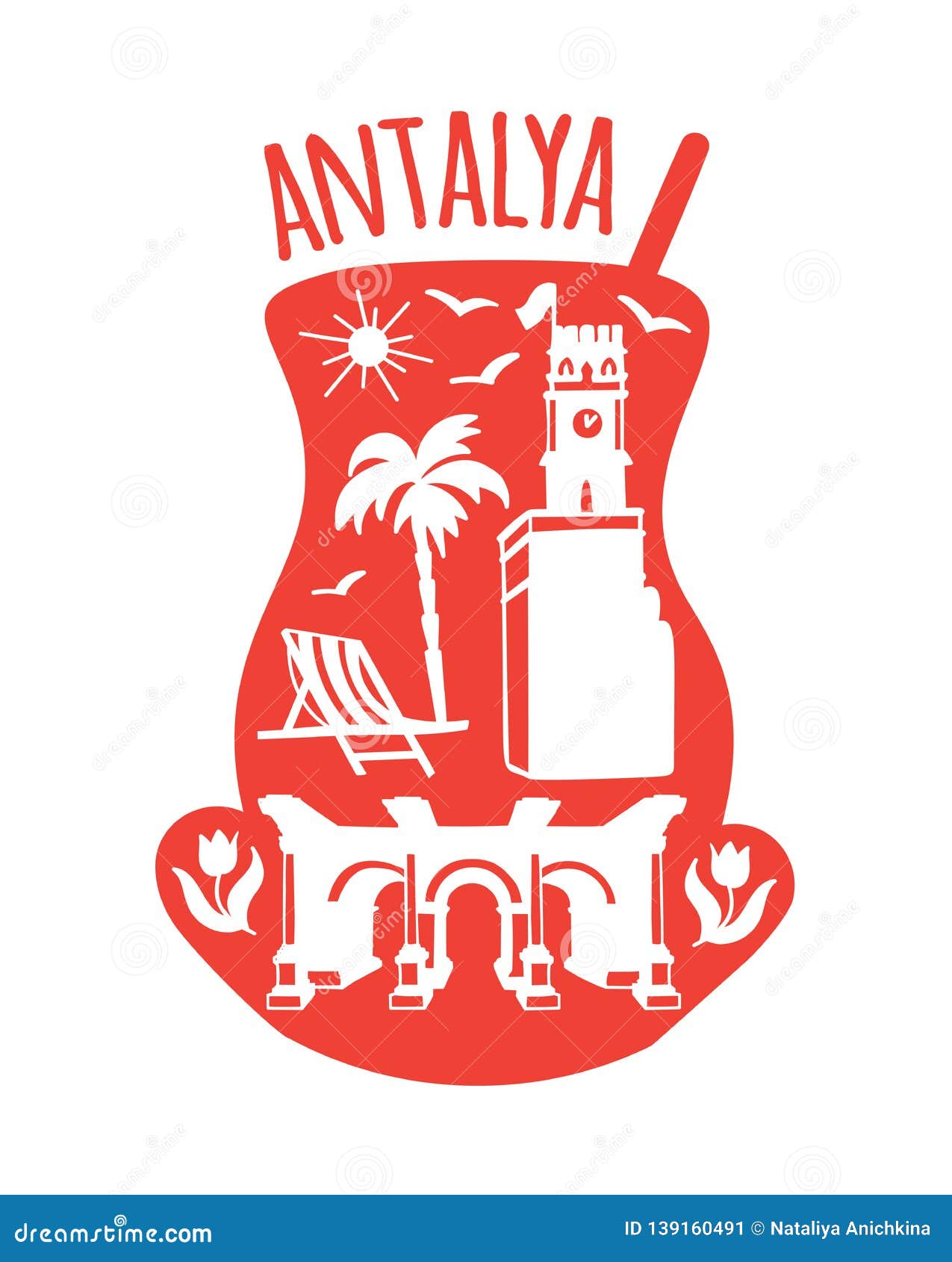 Antalya, Turkey. Travel Illustration with Symbols: Clock Tower, Hadrian ...
