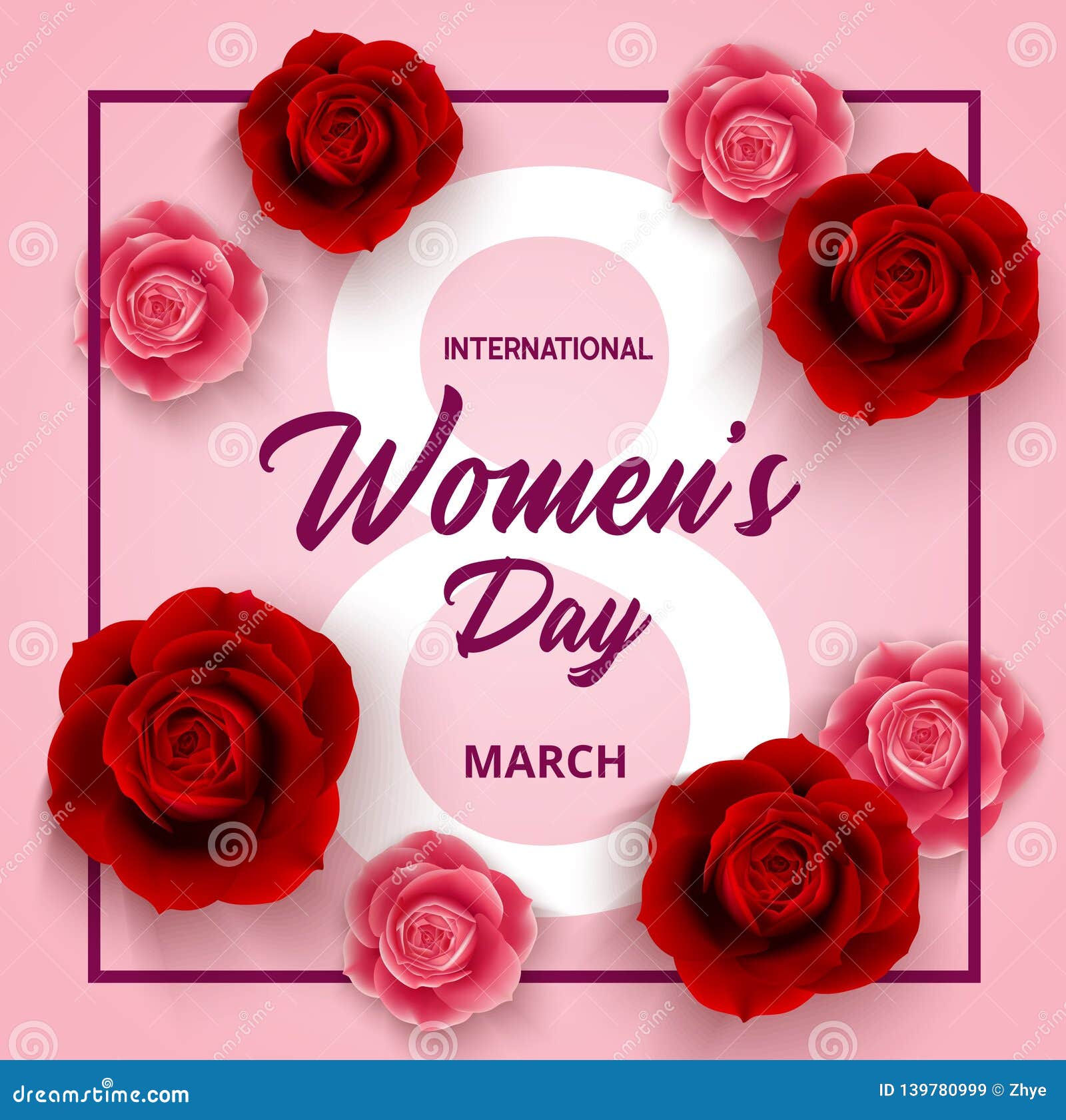 8 March International Women`s Day with Roses Flowers Stock Vector ...