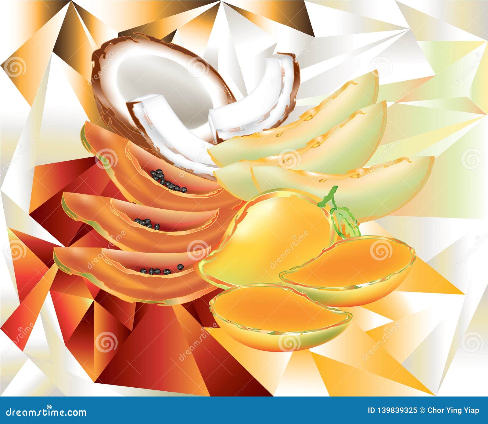 Delicious Exotic Tropical Fruits on Cubism Background Stock Vector ...