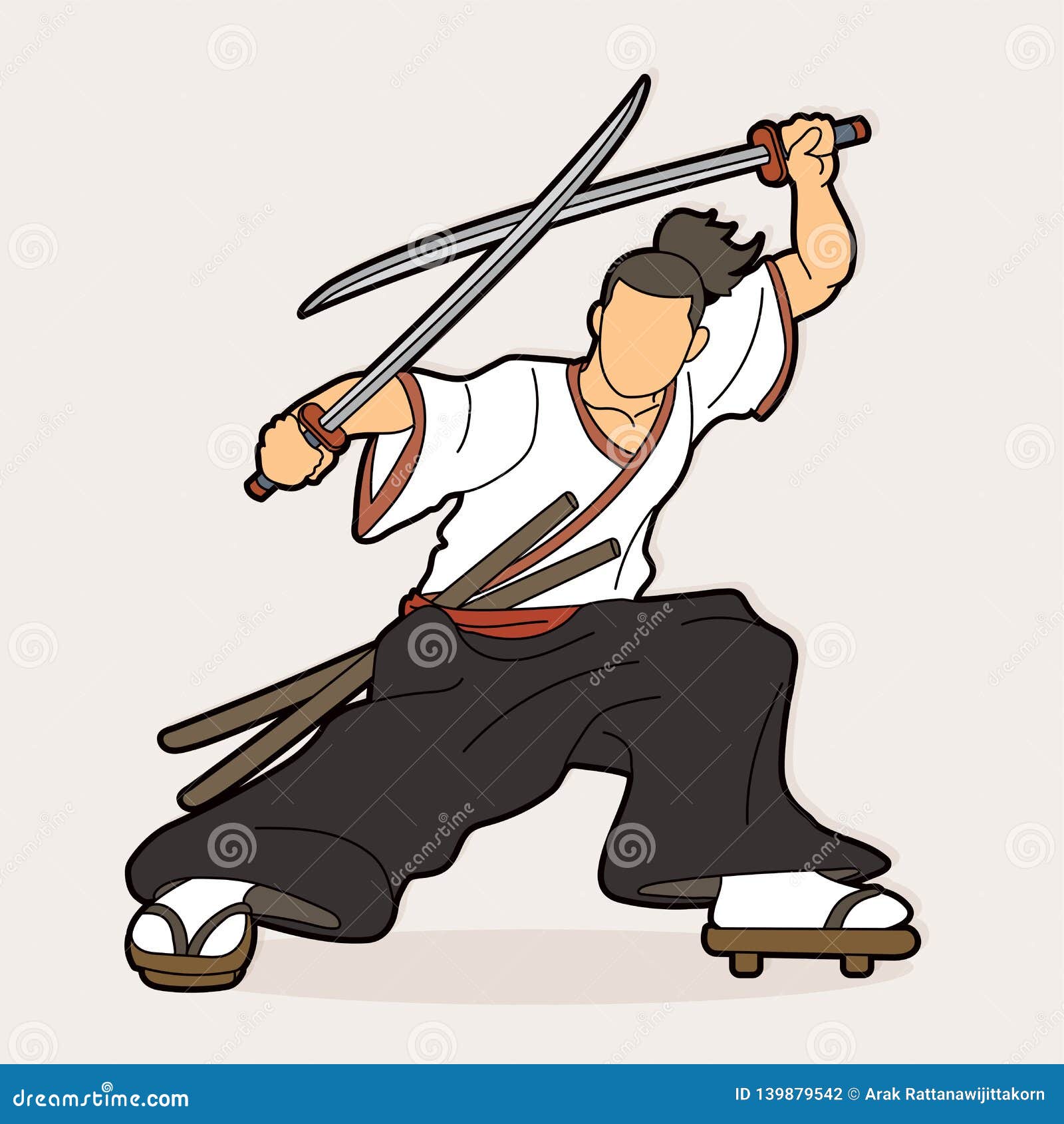 Samurai Standing And Holding Two Swords. Cartoon Samurai Warrior ...