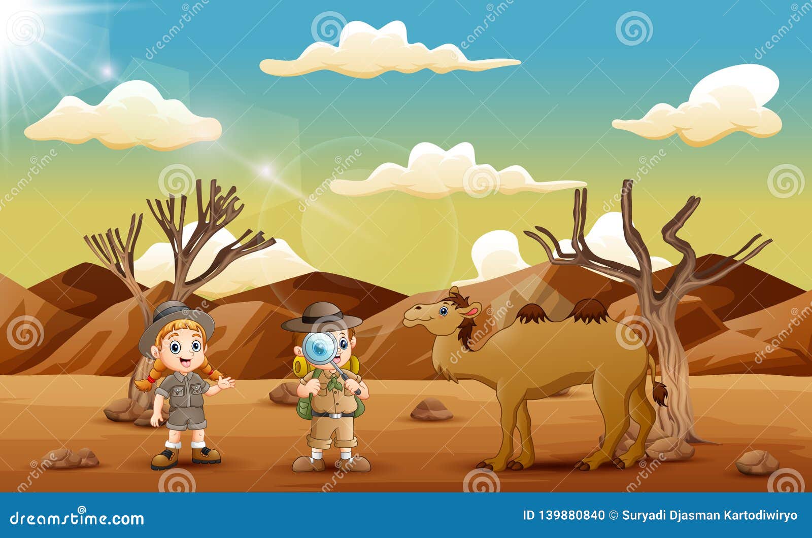 The Explorer Kids with a Camel in the Desert Stock Vector ...