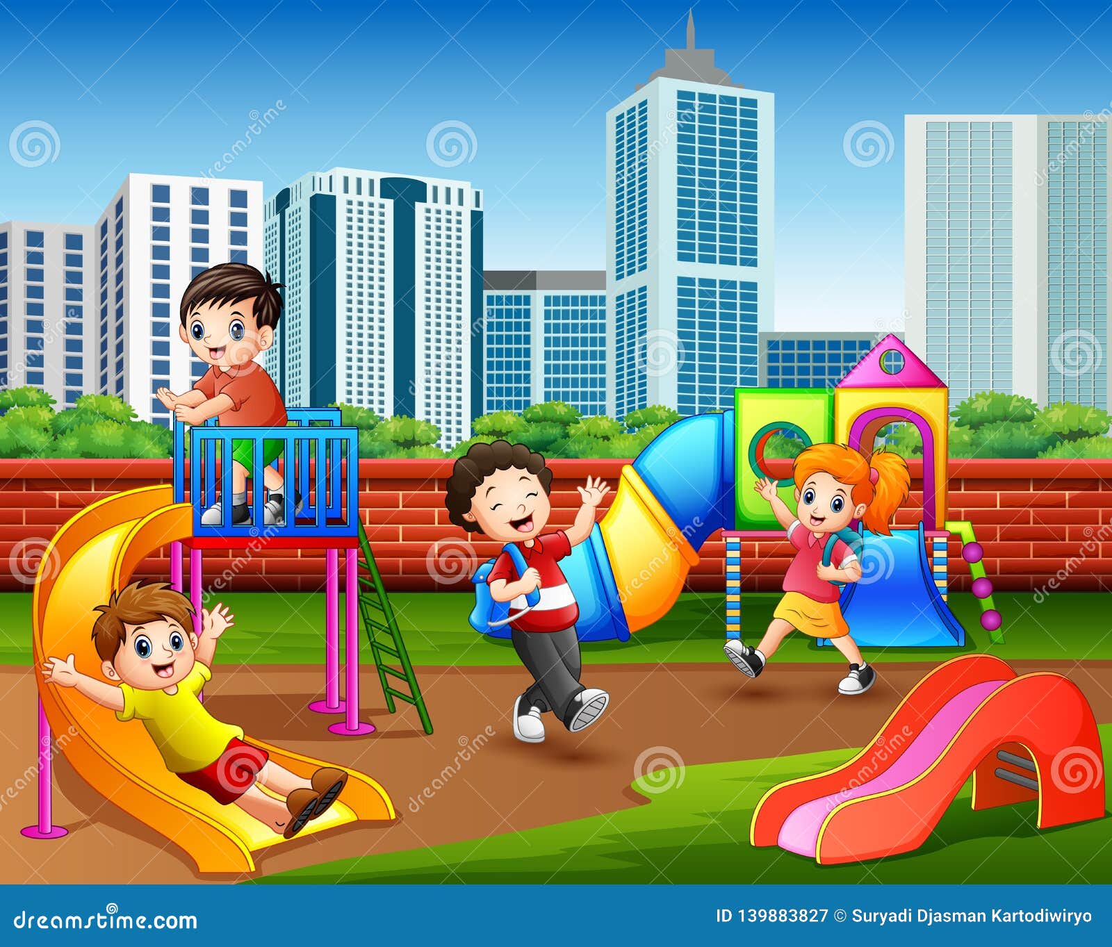 Happy Kindergarten Children Playing in the Playground Stock Vector ...