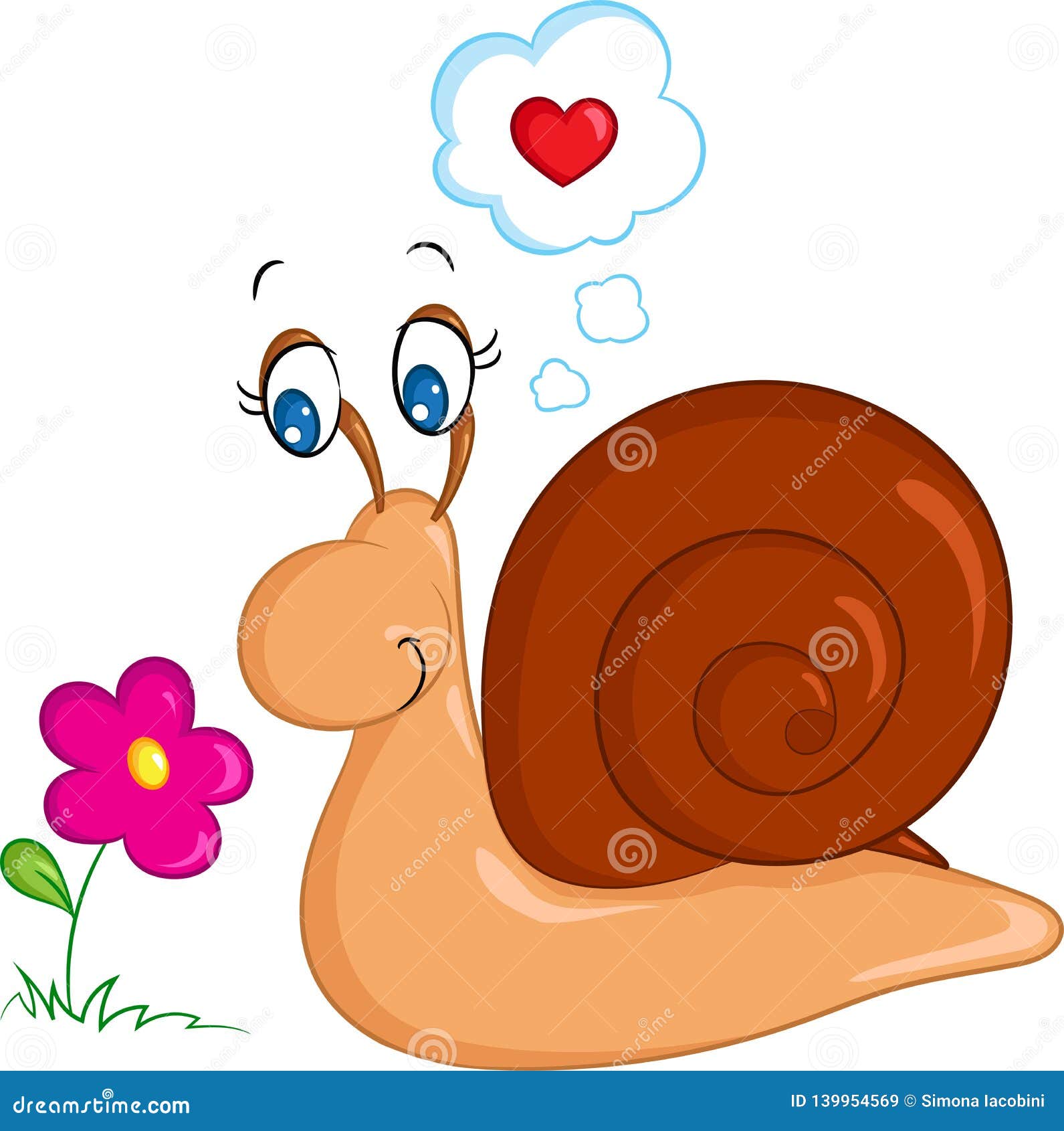 Color Kawaii Drawing of a Little Snail Looking at a Flower,for Children ...