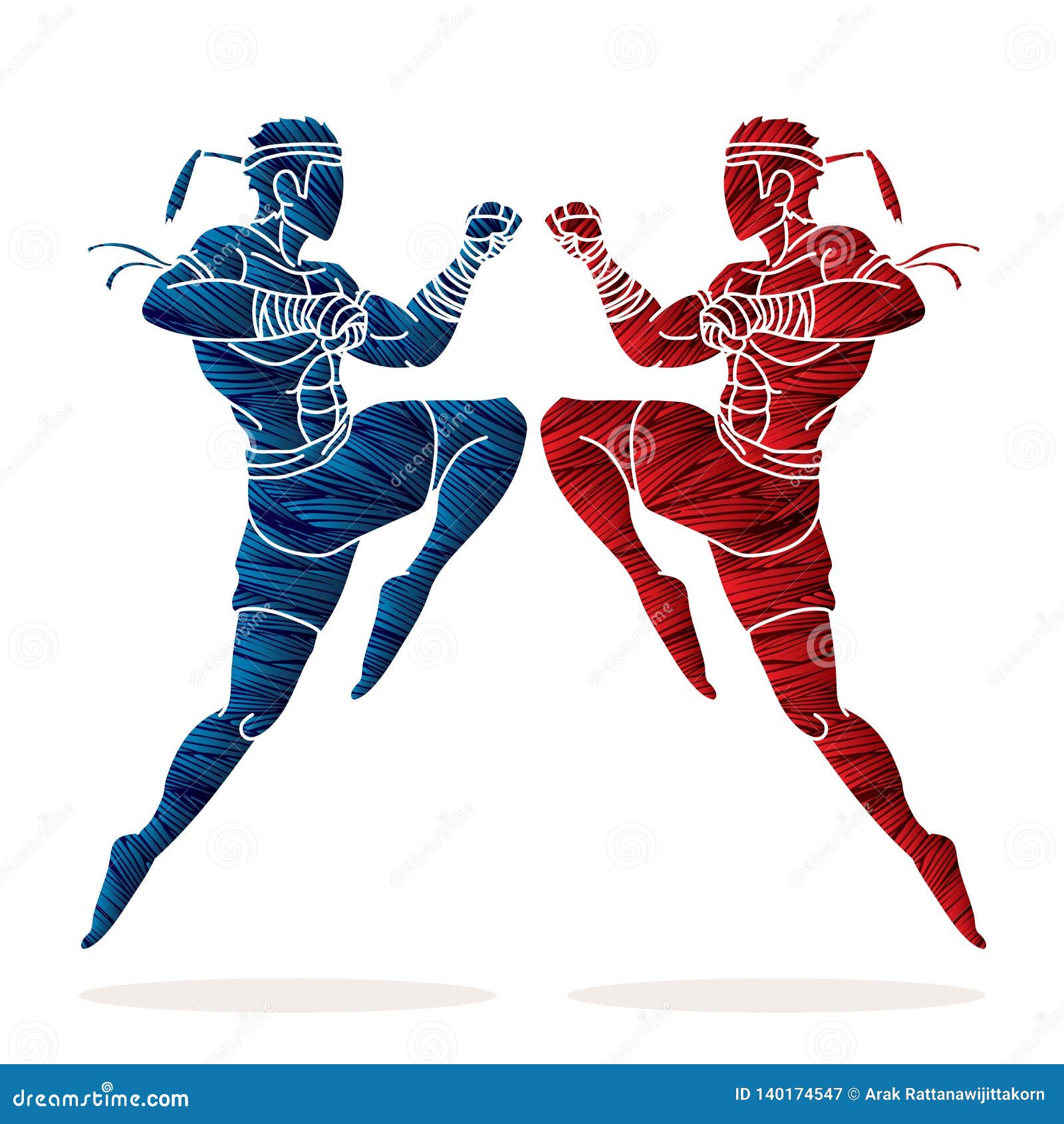 Muay Thai Action , Thai Boxing Jumping To Attack Cartoon Graphic Stock ...