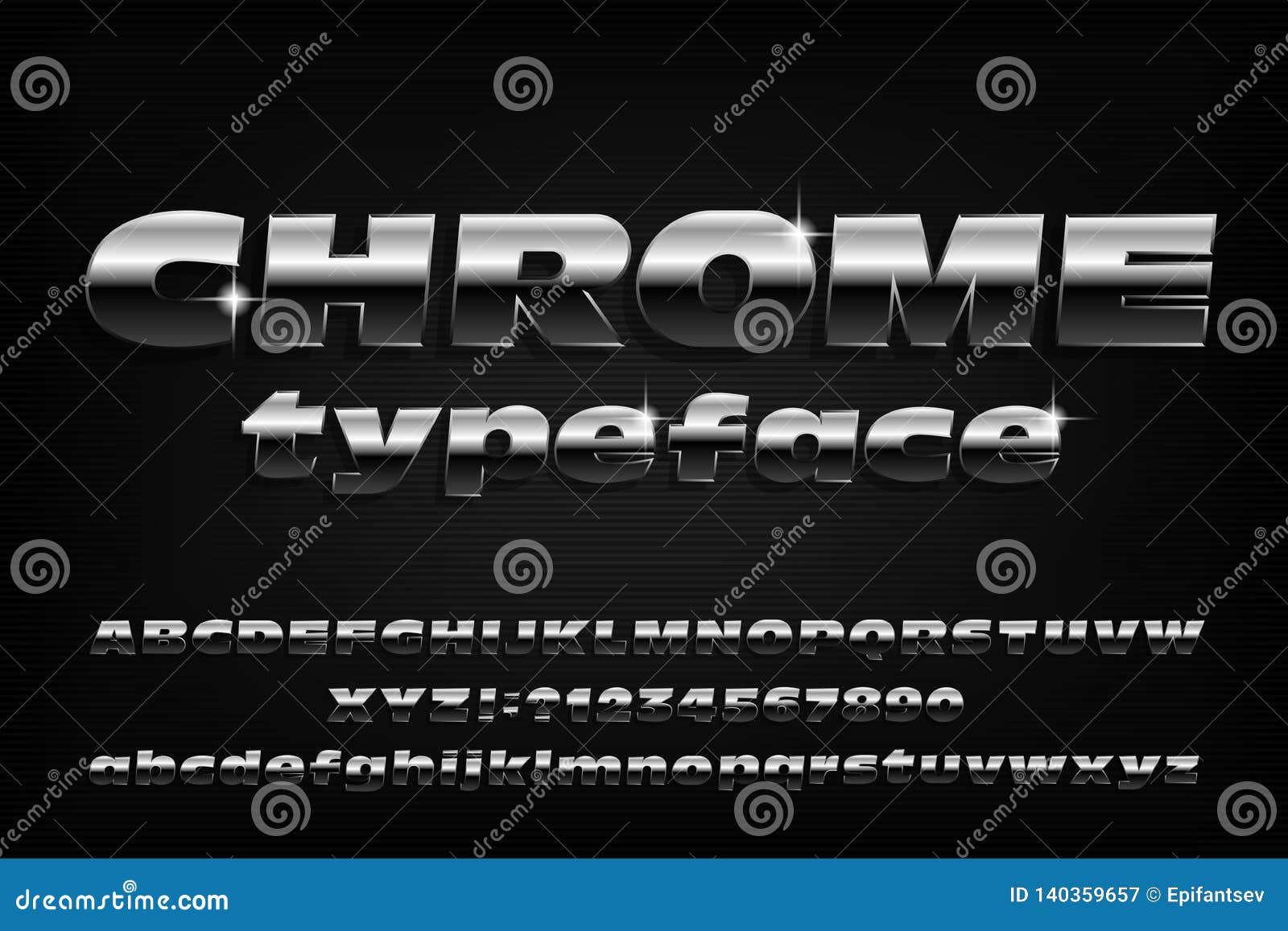 Chrome Alphabet Typeface. Chrome Effect Wide Letters and Numbers Stock ...