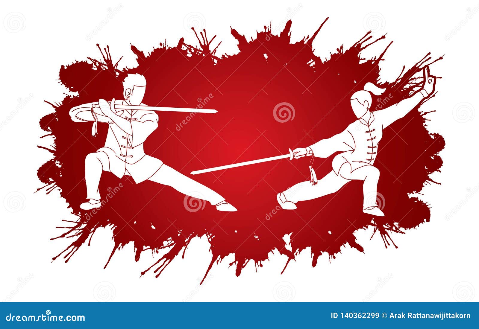 Man and Woman Pose with Swords Ready To Fight Kung Fu Cartoon Graphic ...