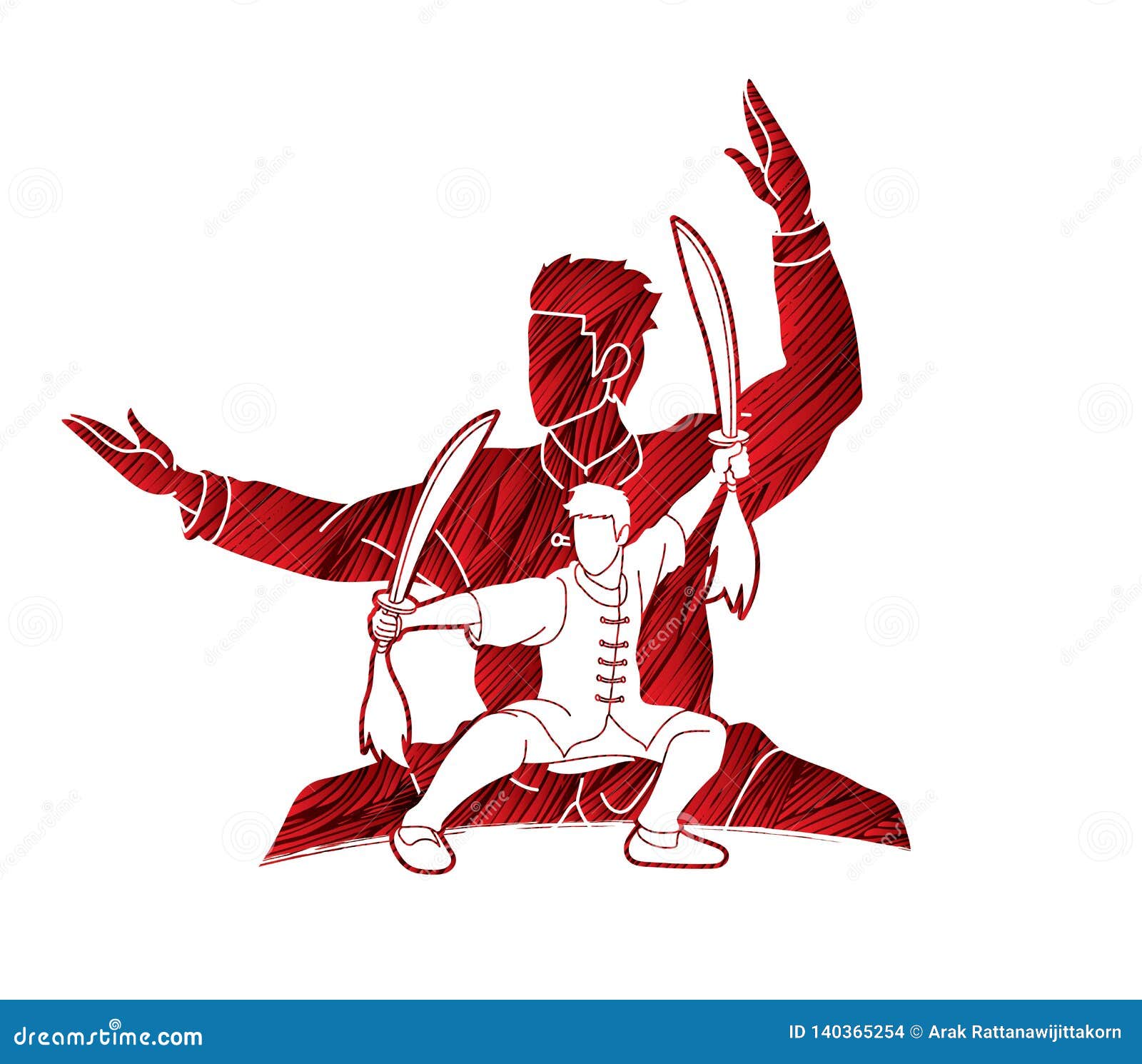 Kung Fu, Wushu with Swords Pose Graphic Stock Vector - Illustration of ...