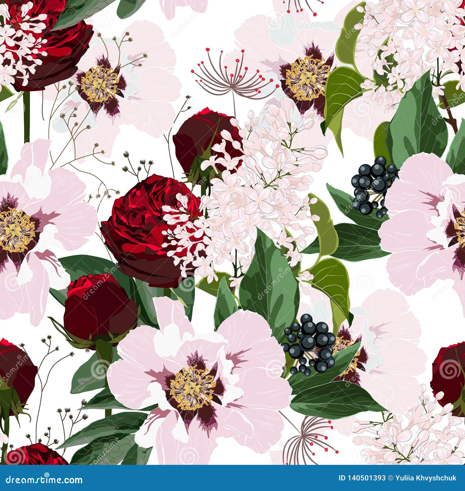 Flower Pattern with Hand Drawn Wild Flora Roses and Peony. Realistic ...