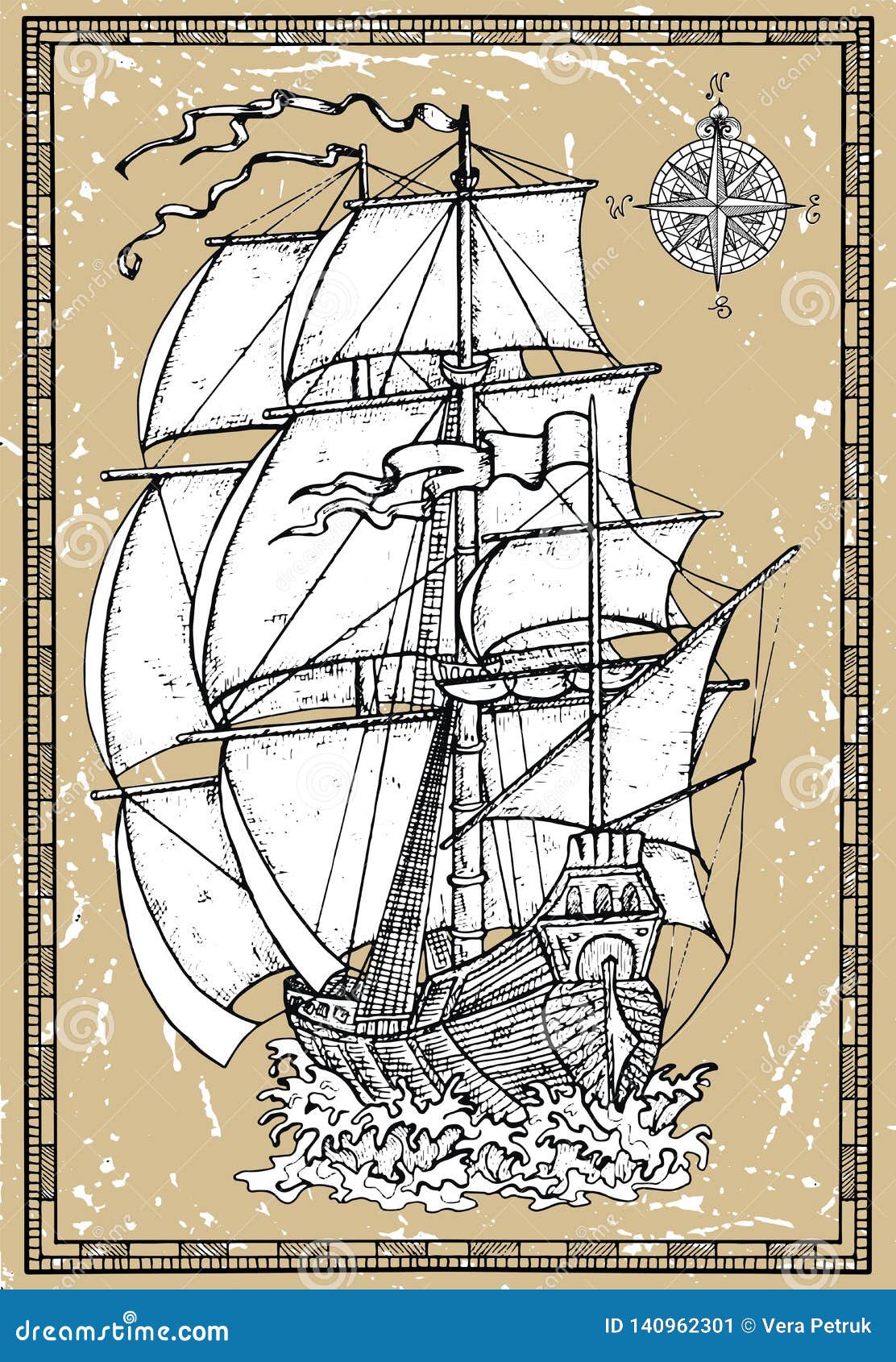 Old Sailing Ship Under Full Sails with Compass on Texture Background ...