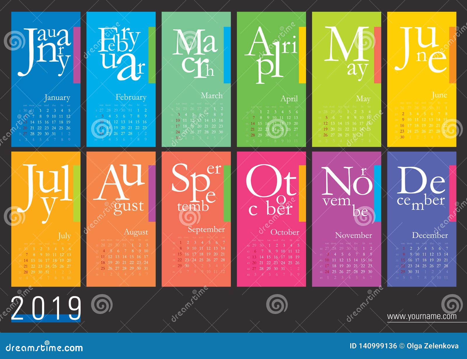 Creative Calendar 2019 with Colored Design, Sundays Holidays. Monthly ...
